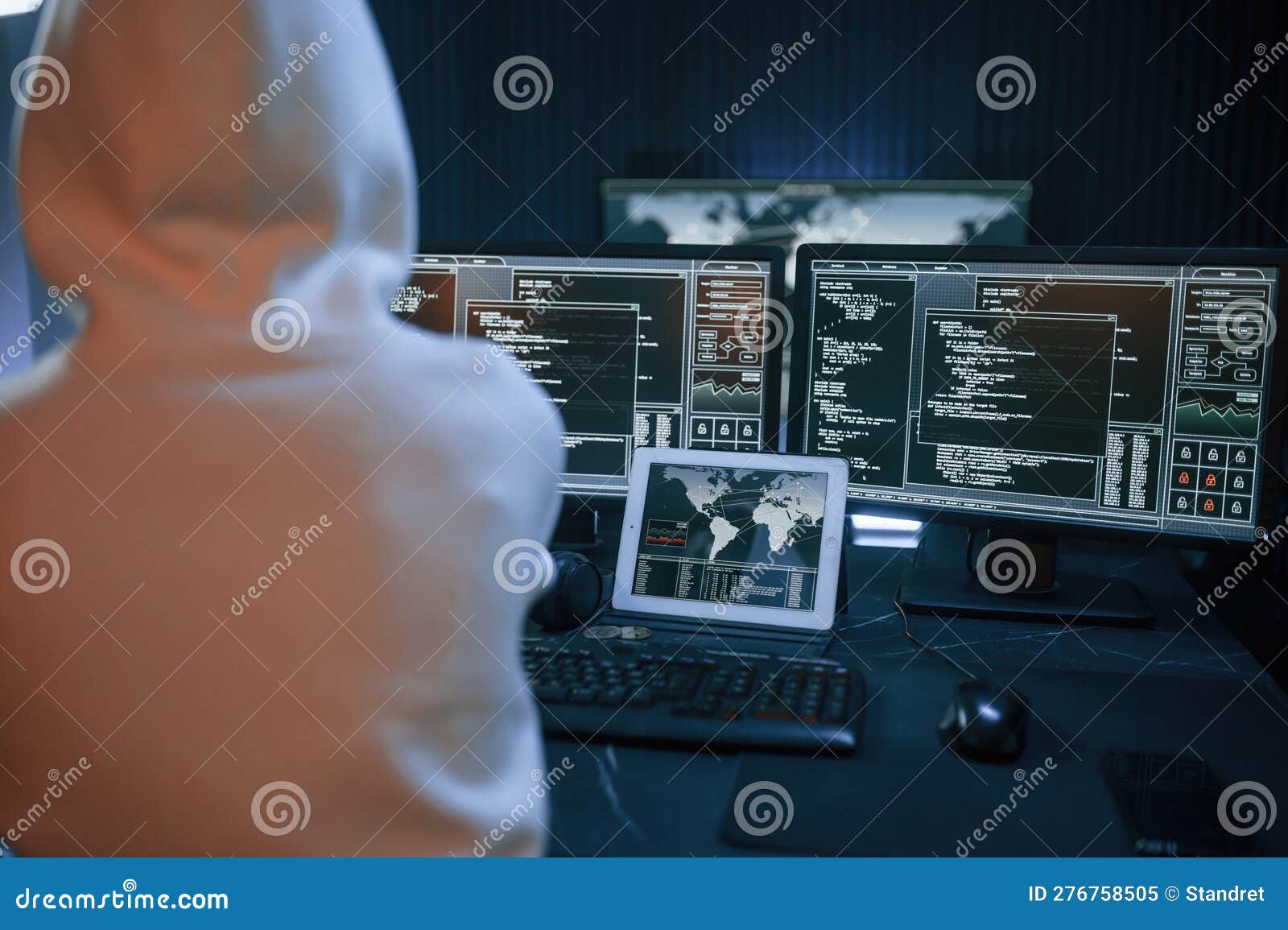 Young Professional Female Hacker is Indoors by Computer with Lot of ...