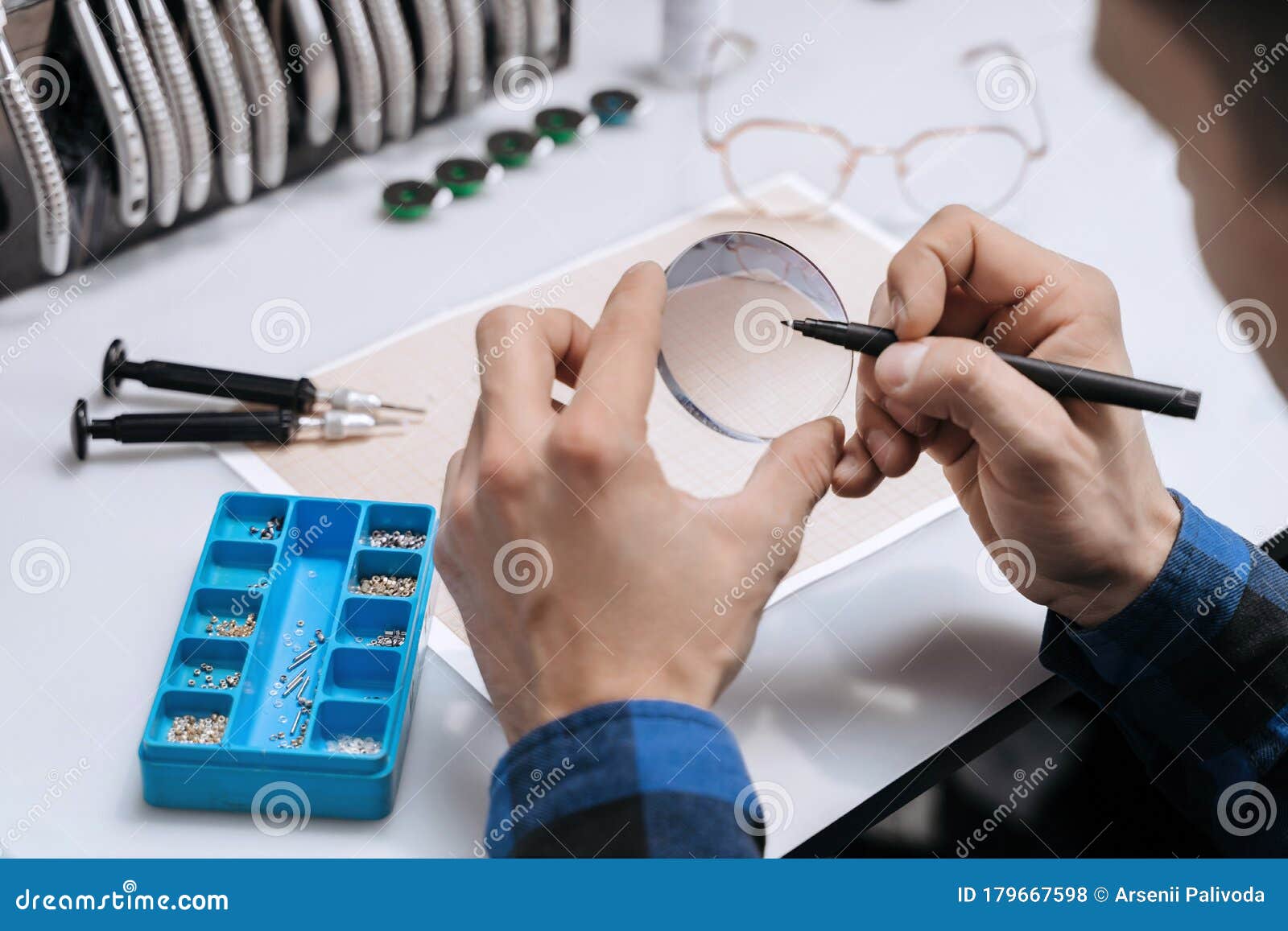Closeup of Man`s Hands Marking Lens for Eyeglasses Stock Photo - Image ...