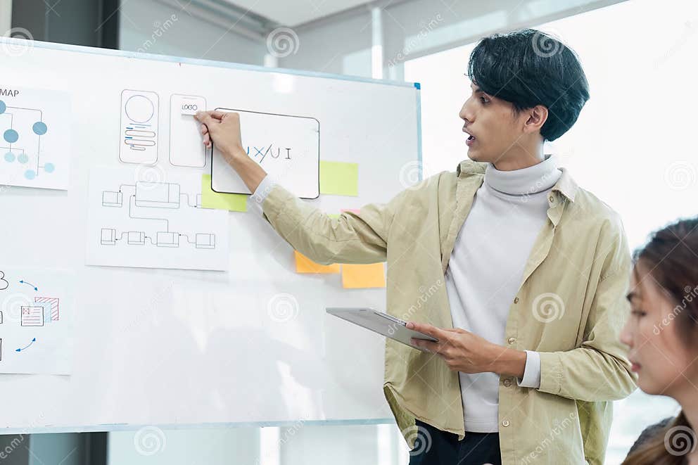 Young Professional Presenting UX UI Design Concepts on Whiteboard in ...