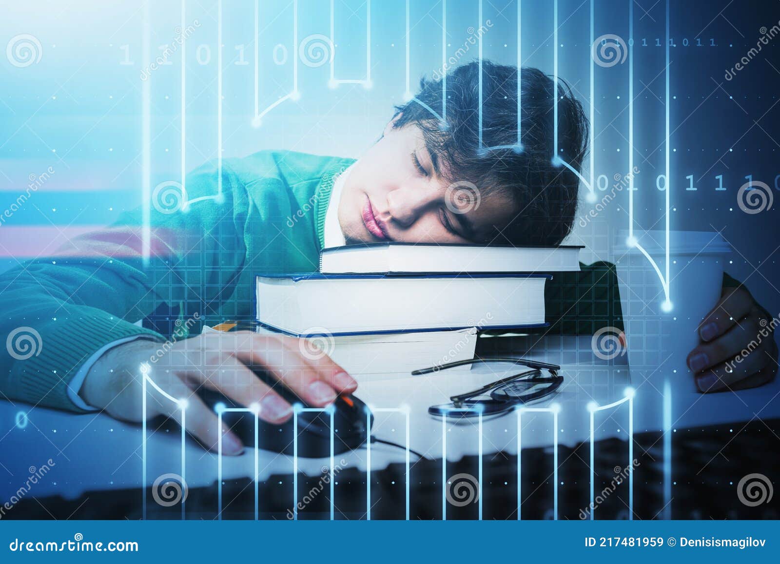 Young Professional Sleeping on Books. Hologram Cloud Symbolizing Stock ...