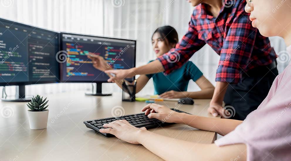 Website Developer Team Brainstorming and Sharing Idea at Office. Burgeoning. Stock Image - Image ...