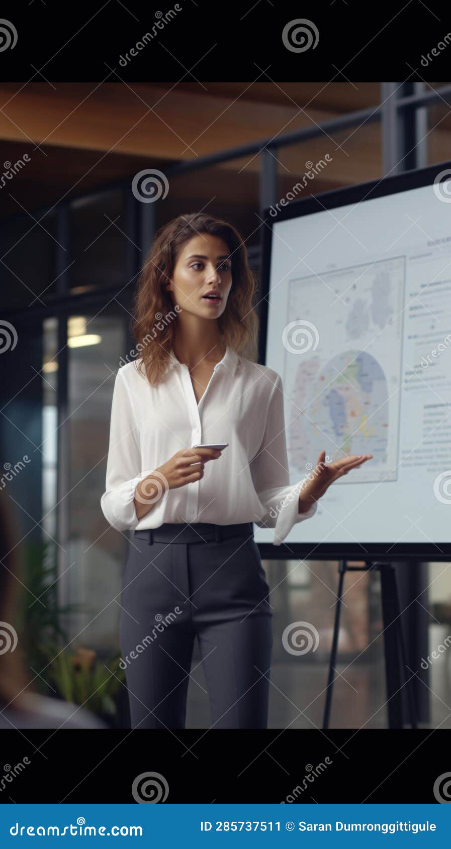 Young Professional Woman Making a Presentation on a Large Screen with ...