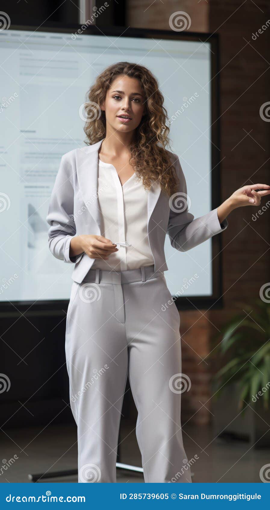 Young Professional Woman Making a Presentation on a Large Screen with ...