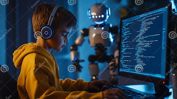 Young Programmer with Headphones Coding Alongside a Robot and Sharing ... Young Programmer with Headphones Coding Alongside a Robot and Sharing ...