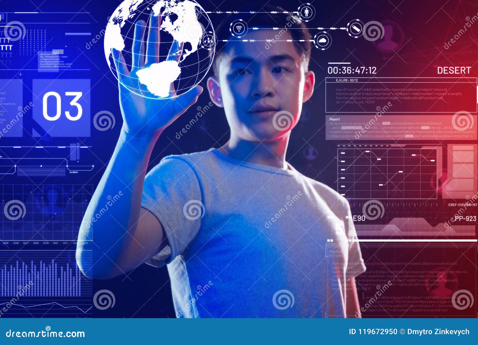 Young Programmer Holding a Realistic Earth Hologram and Looking at it ...