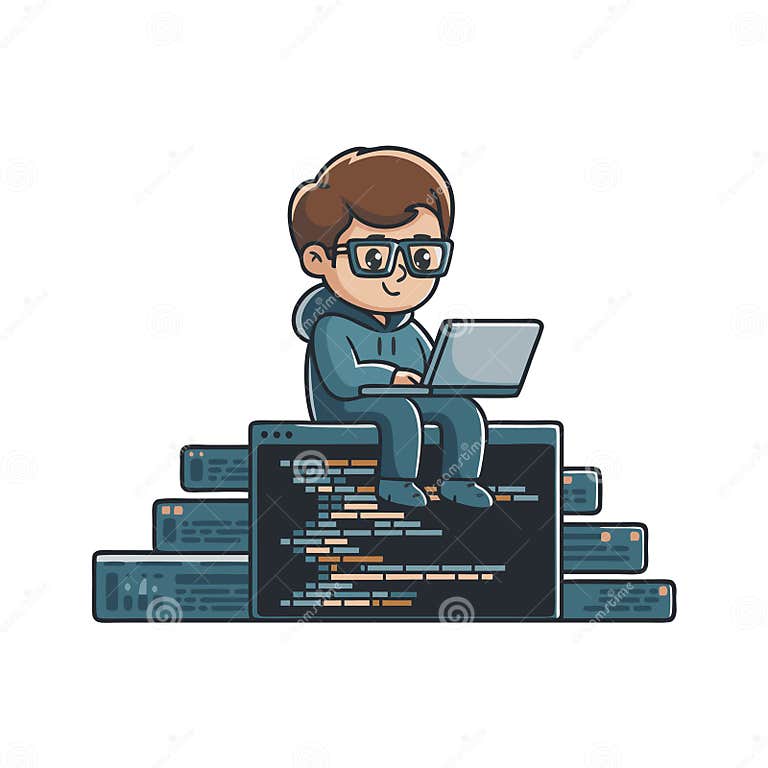 Young Programmer Vector Illustration Coding on Laptop with Debugging ...