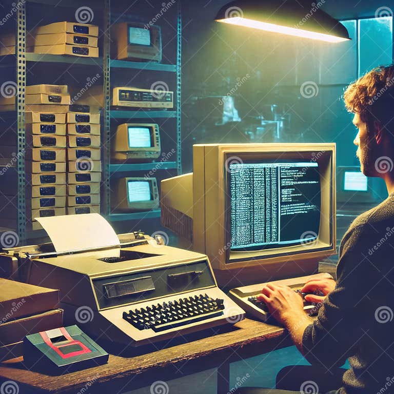 Young Programmer Working on an Old Personal Computer in a Retro ...