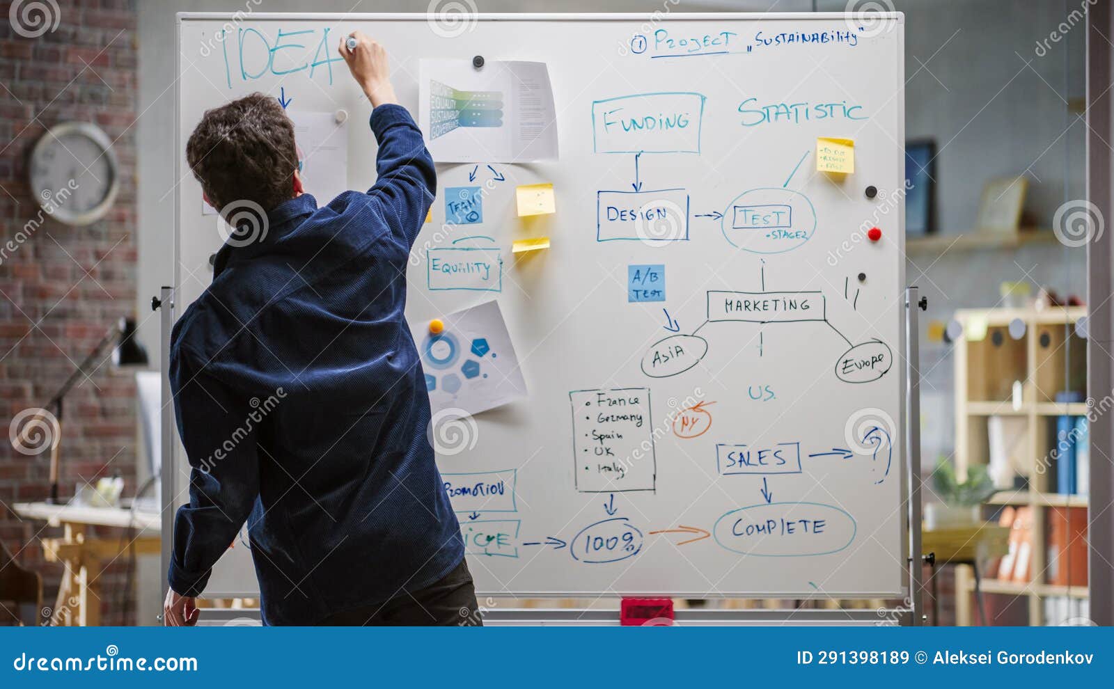 Young Project Manager Using Charts and Statistics and Writing on a ...