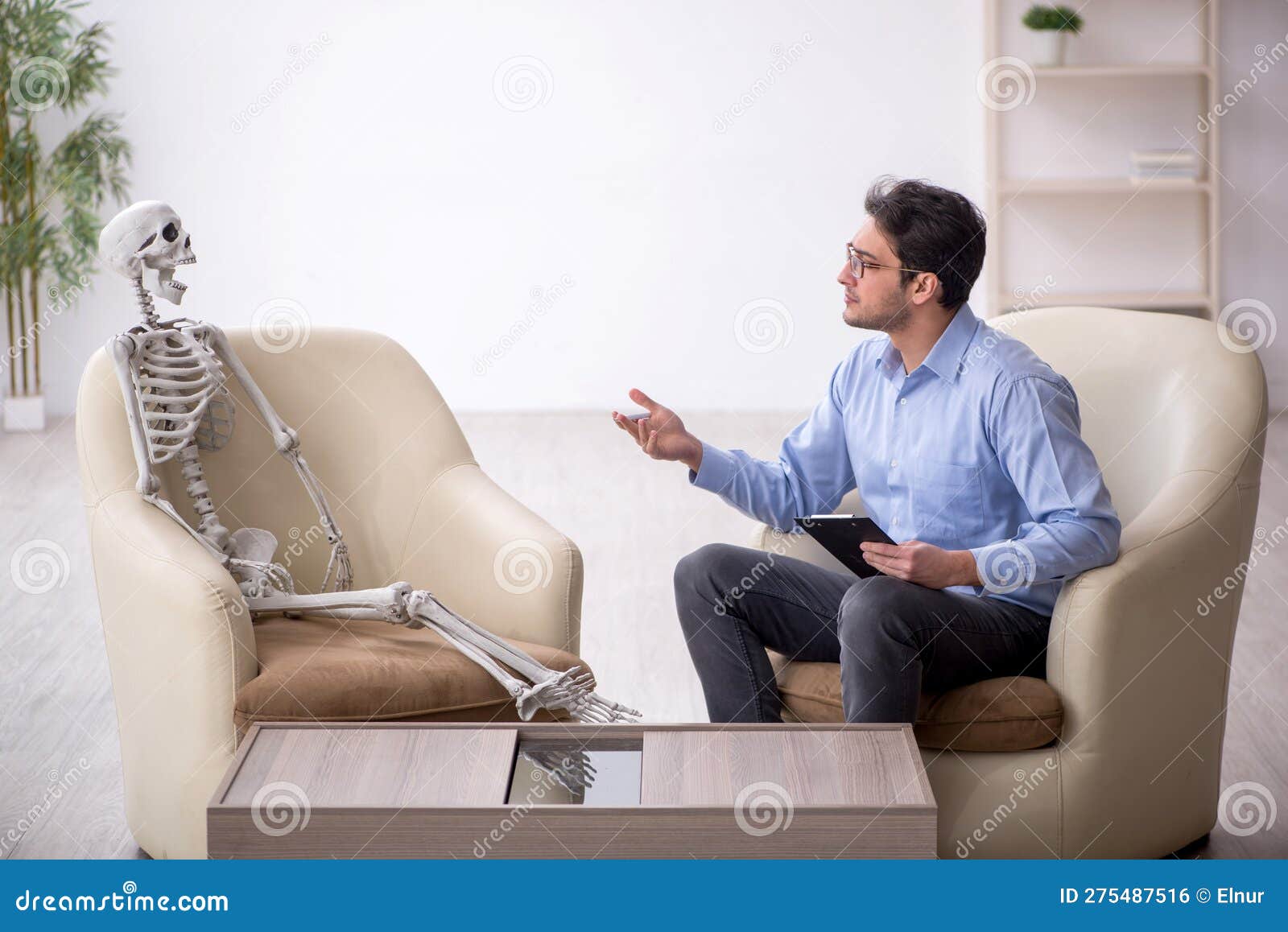 Young Male Psychologist Meeting with Skeleton Stock Photo - Image of ...
