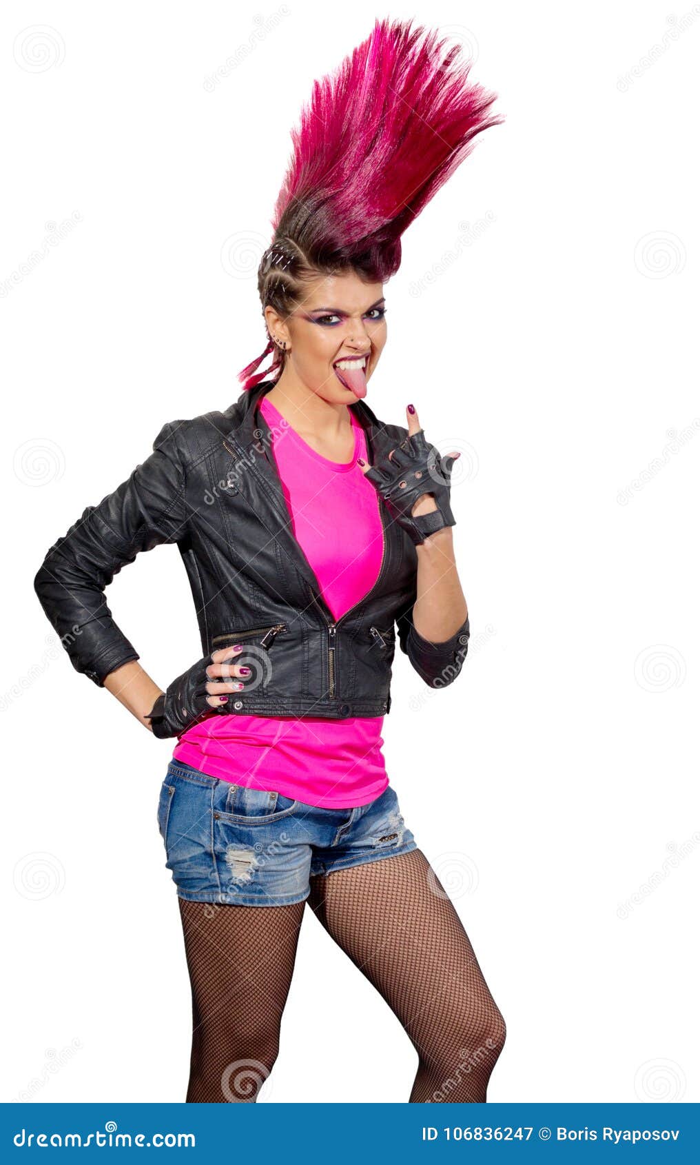 Young Punk Rock Girl Giving Devil Horns With Her Hand And Holding ...