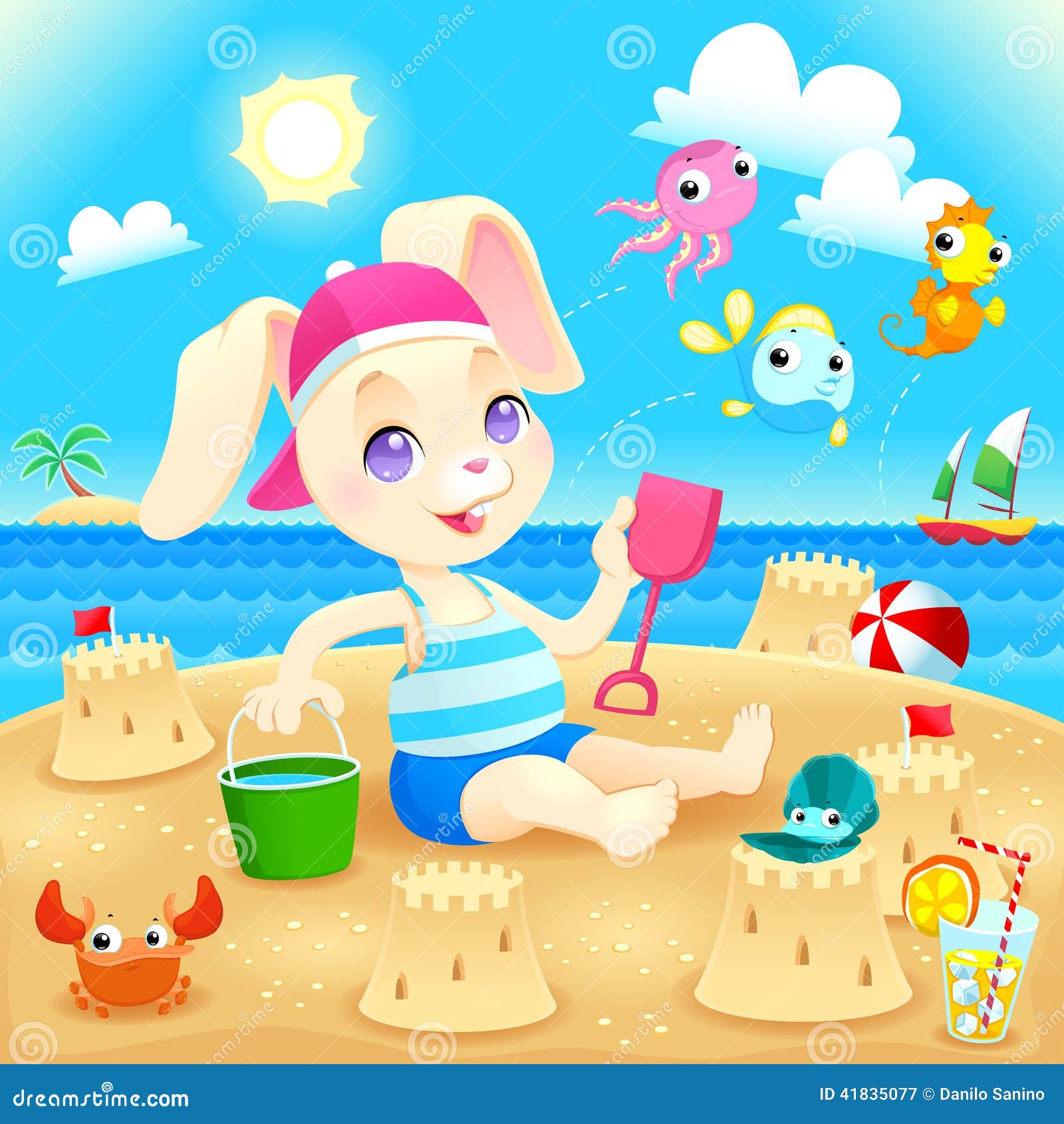 Young Rabbit Makes Castles on the Beach. Stock Vector - Illustration of ...