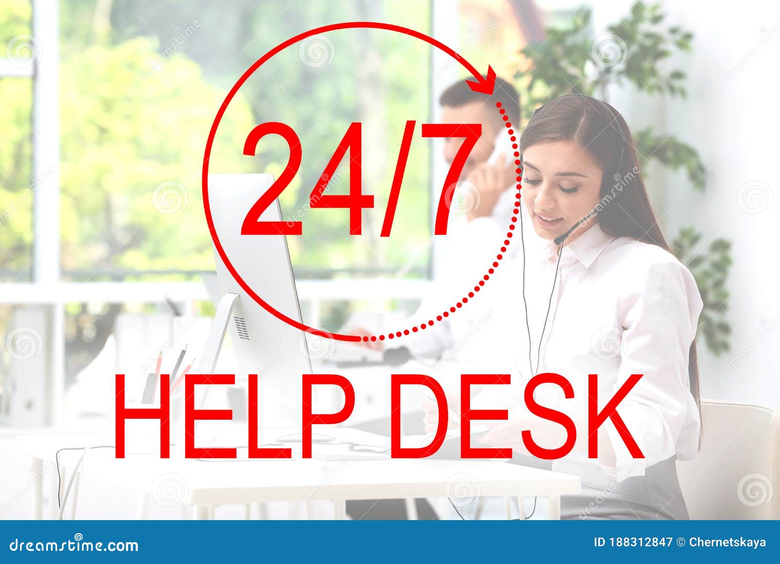 Young Receptionist with Headset at Table. Help Desk Service Stock Image ...