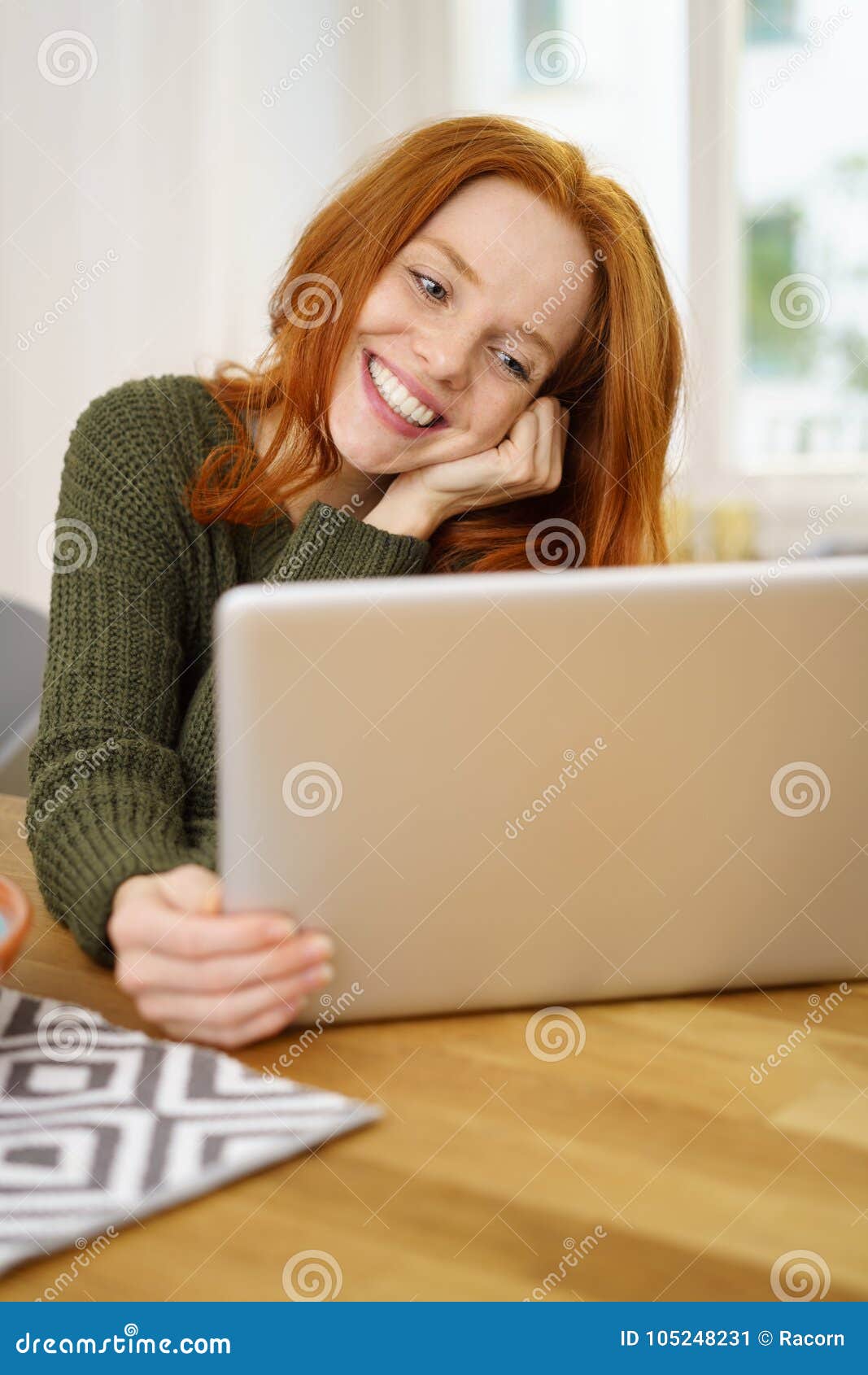 Young Happy Woman Sitting in Front of Laptop Stock Image - Image of ...
