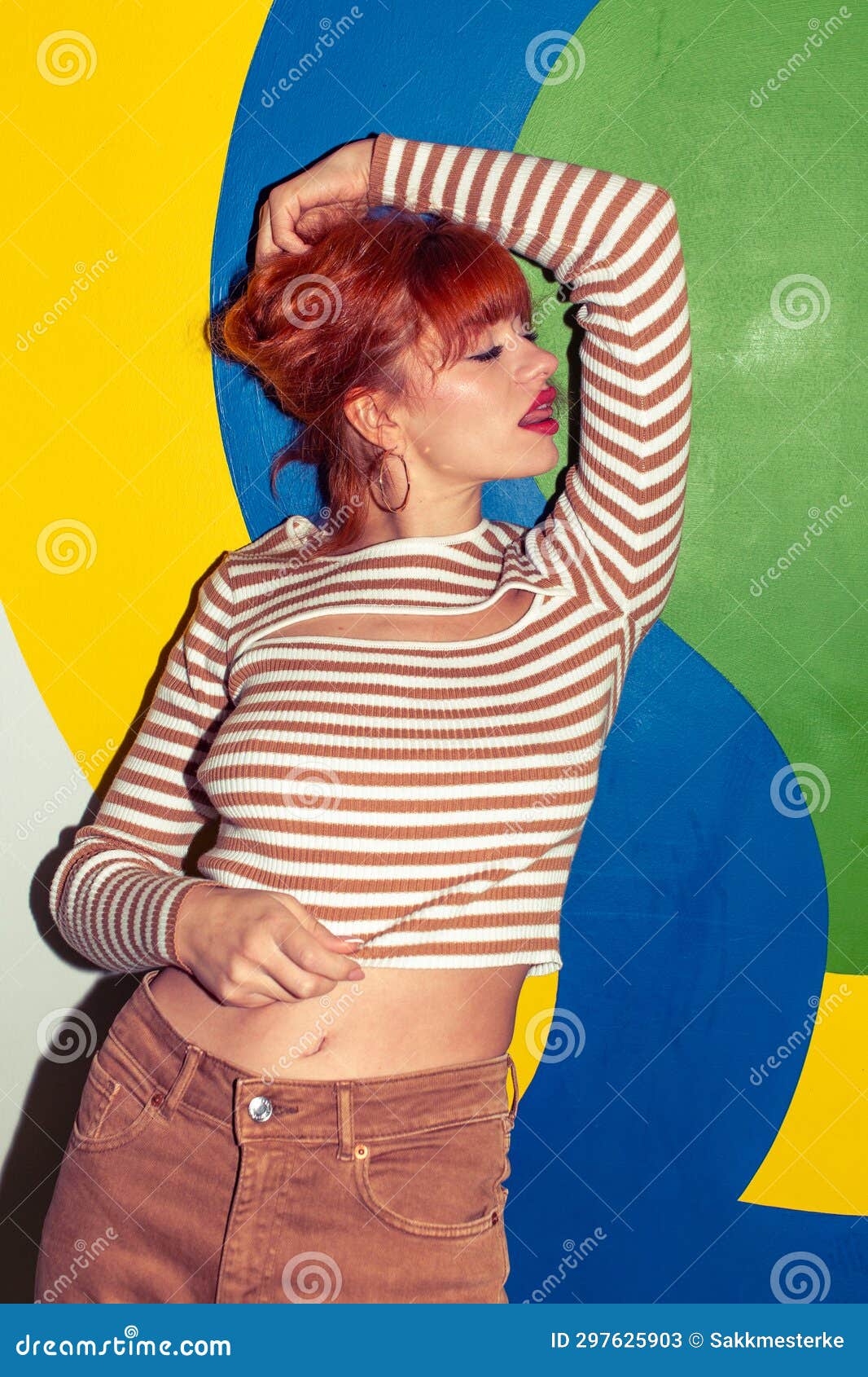 Young Redhead Caucasian Woman In Retro Style Of 70s Posing At Wall Eyes Closed Stock Image