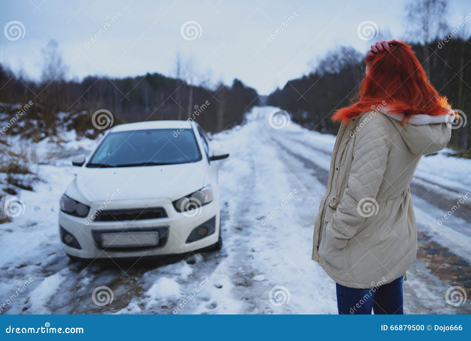 Young Redhead Girl Looks at Her Broken Car Stock Photo - Image of ...