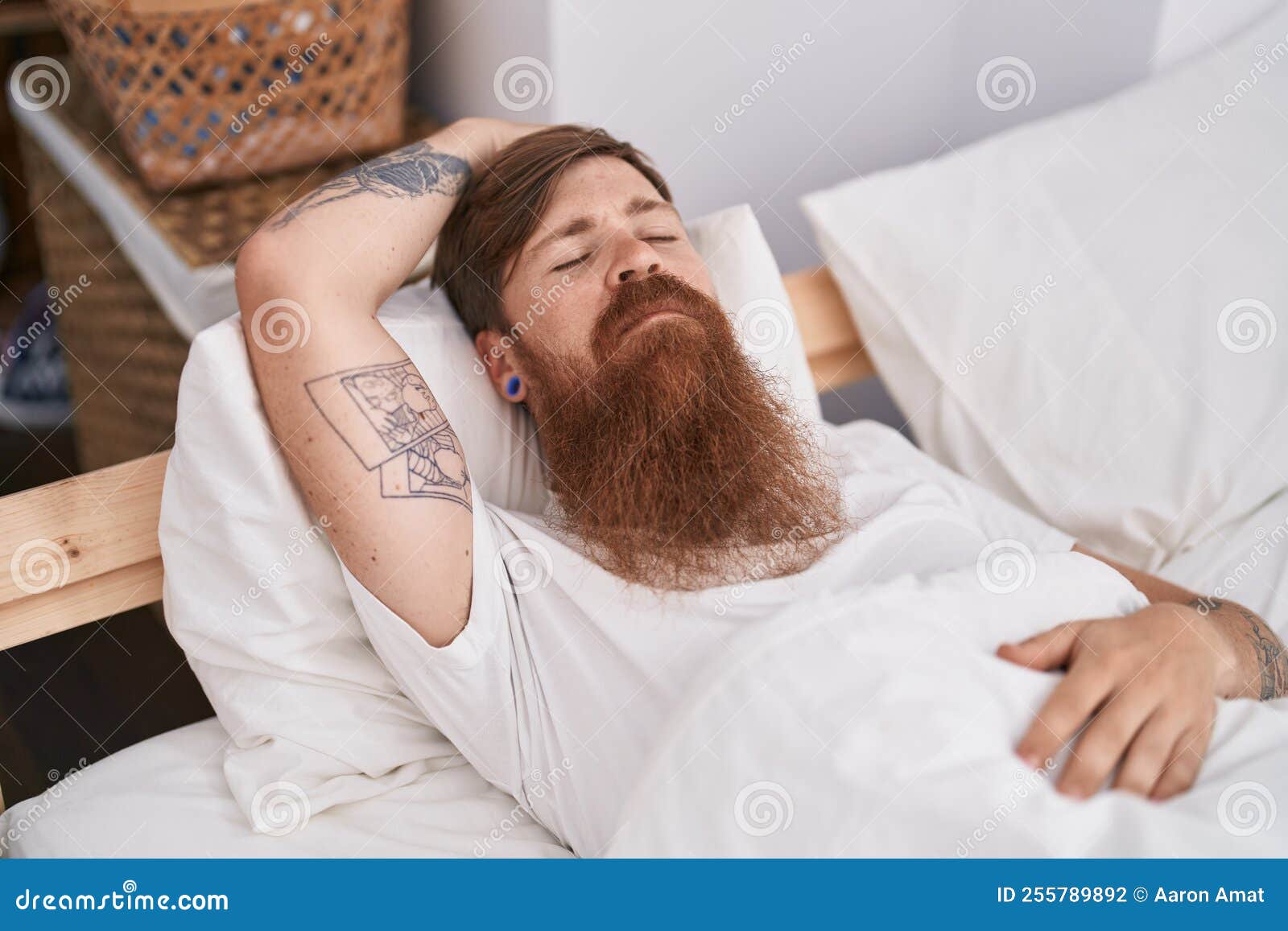 Young Redhead Man Lying on Bed Sleeping at Bedroom Stock Photo - Image ...