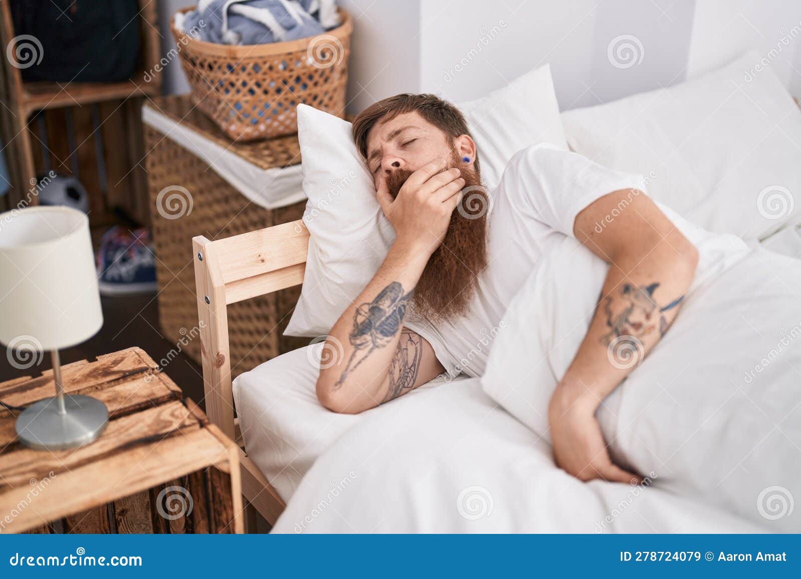 Young Redhead Man Lying on Bed Sleeping at Bedroom Stock Image - Image ...