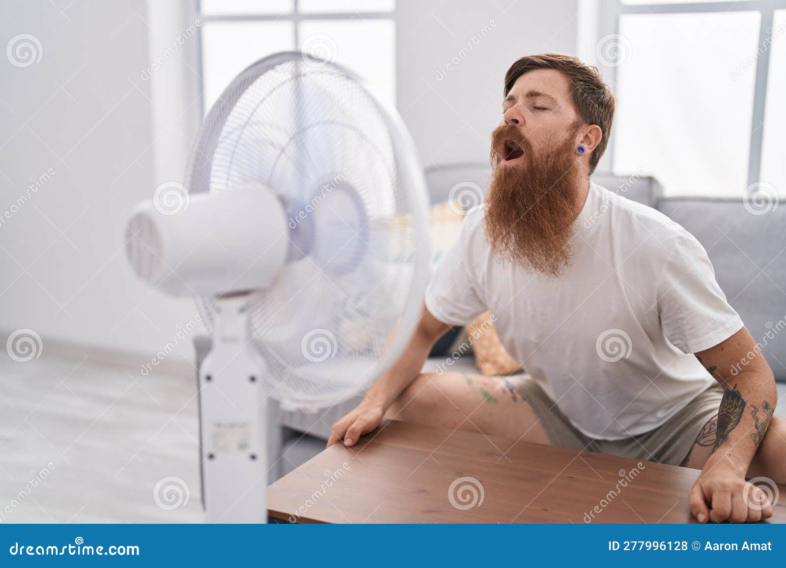 Young Redhead Man Sitting on Sofa Using Fan at Home Stock Photo - Image ...