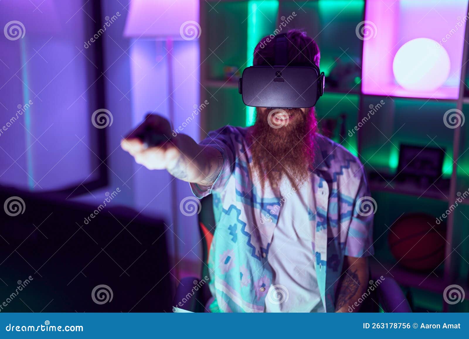Young Redhead Man Streamer Playing Video Game Using Virtual Reality ...
