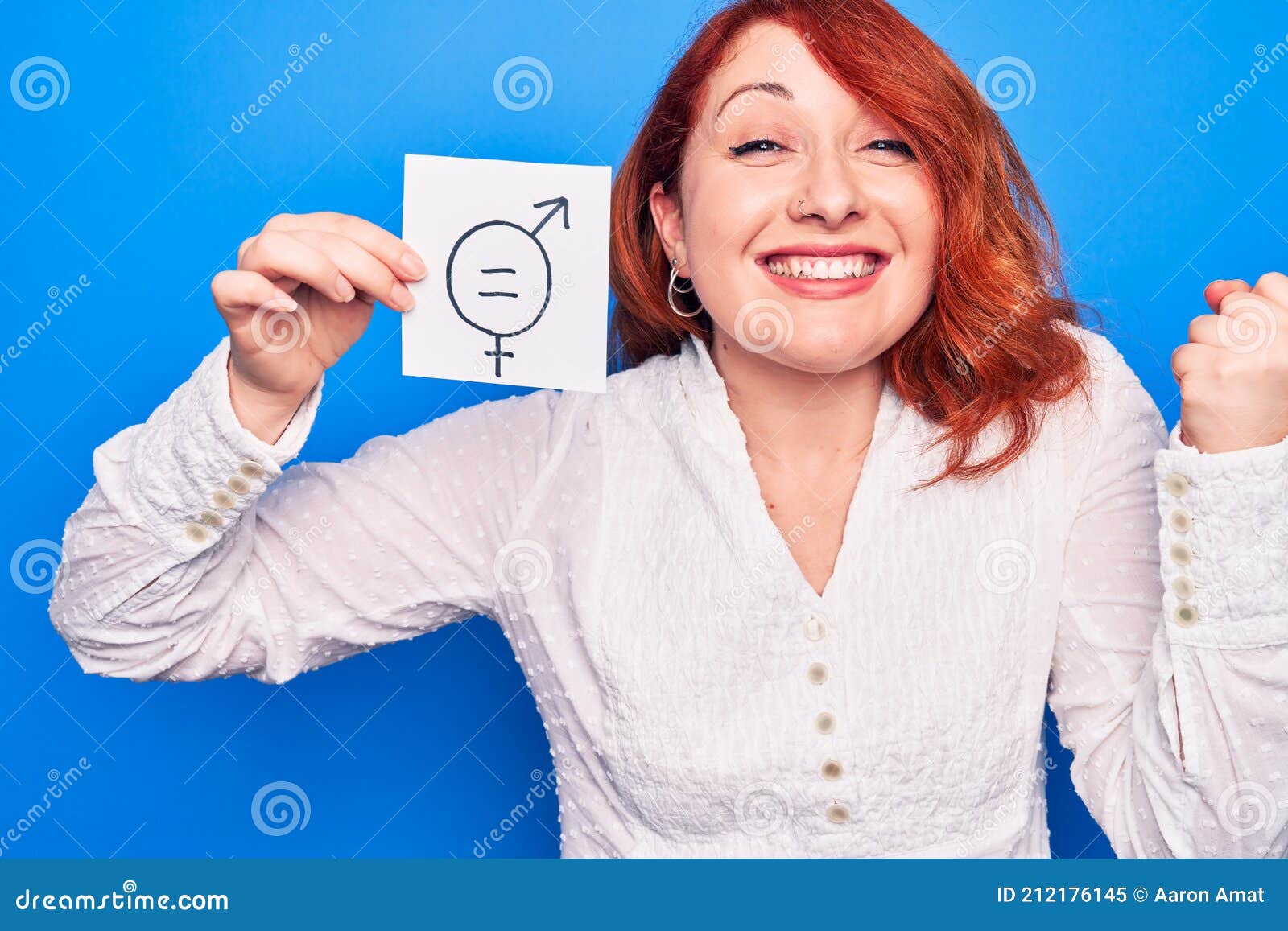 Young Redhead Woman Asking For Sex Discrimination Holding Paper With