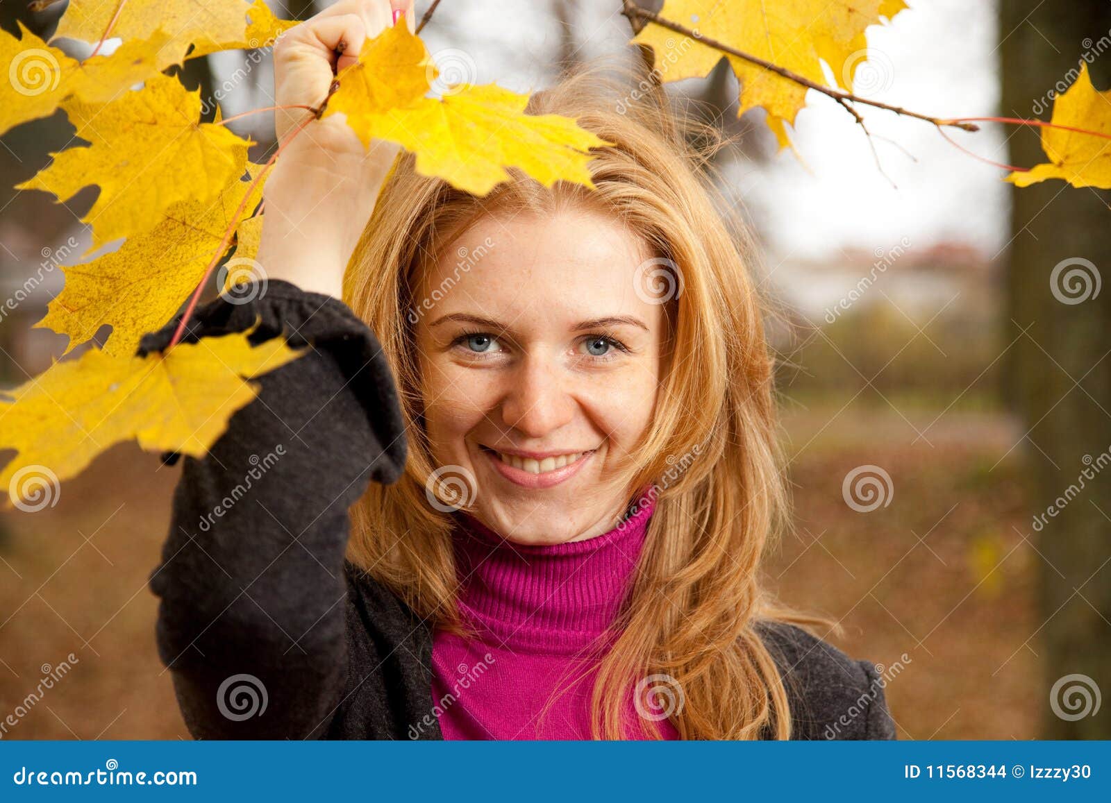 Young Redhead Woman with Autumn Leaves Stock Photo - Image of people ...