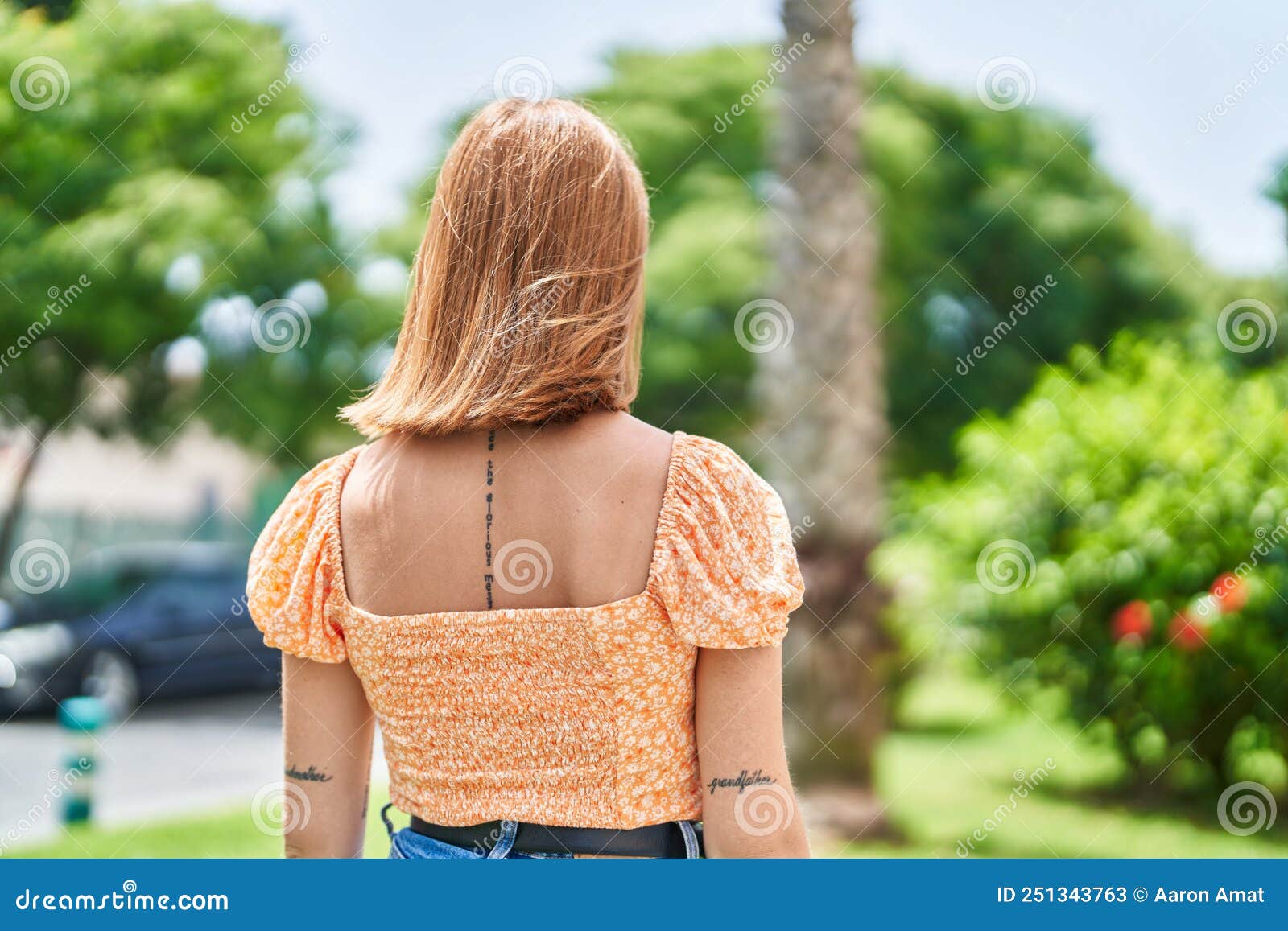 Young Redhead Woman Standing on Back View at Park Stock Image - Image ...
