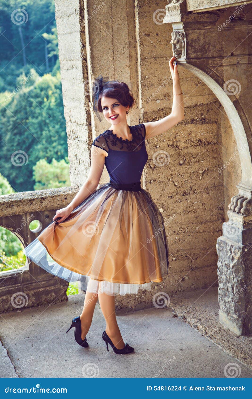 Young Refined Lady on the Balcony of the Castle Stock Photo - Image of ...