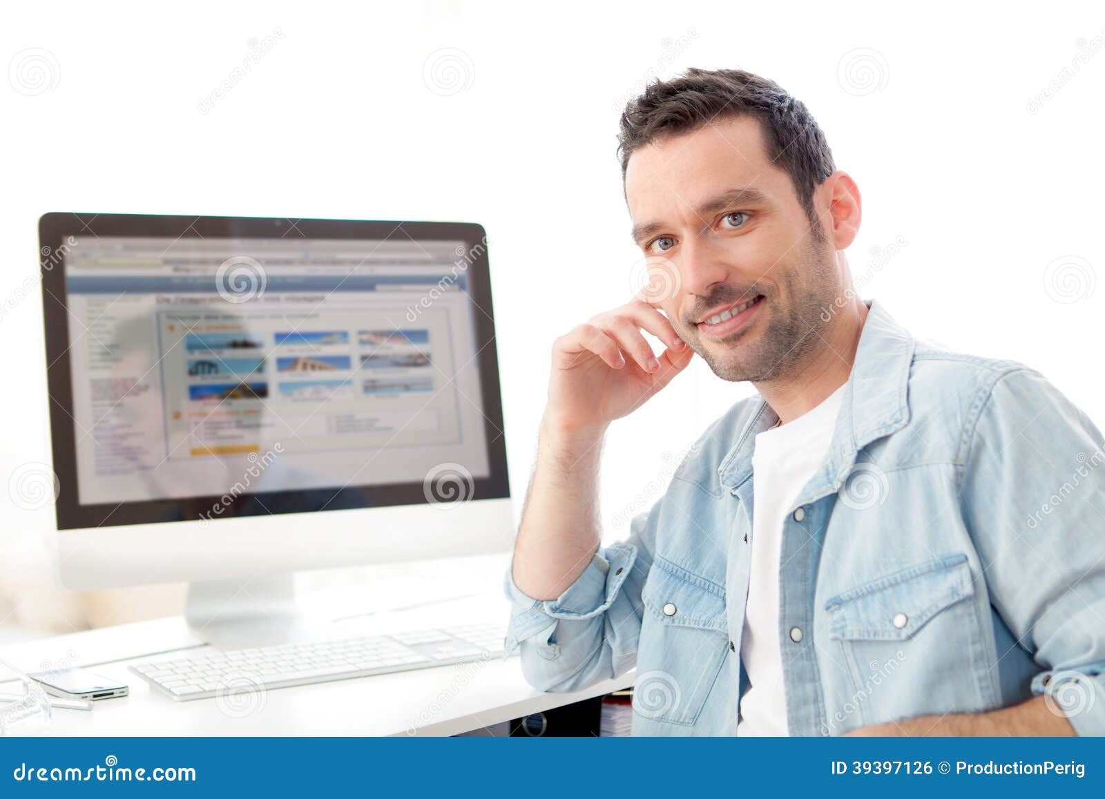 Young Relaxed Man Using Computer Stock Photo - Image of internet ...