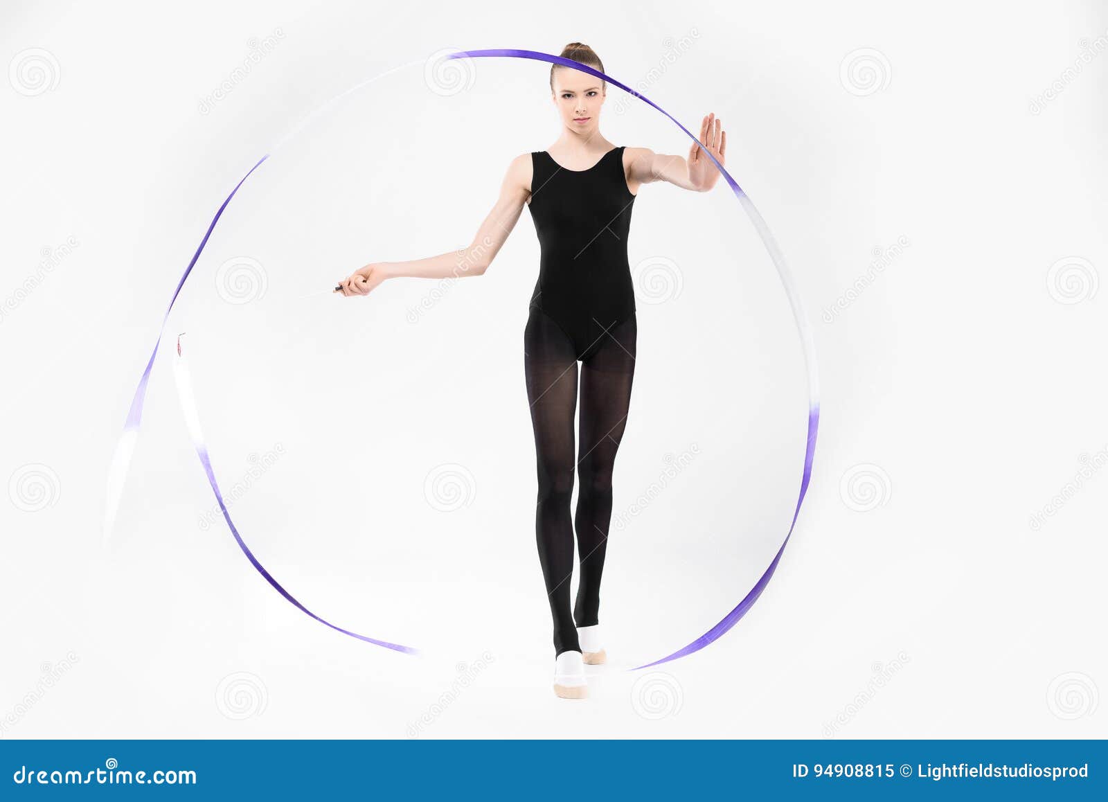 Young Rhythmic Gymnast Training with Blue Ribbon Stock Image - Image of ...