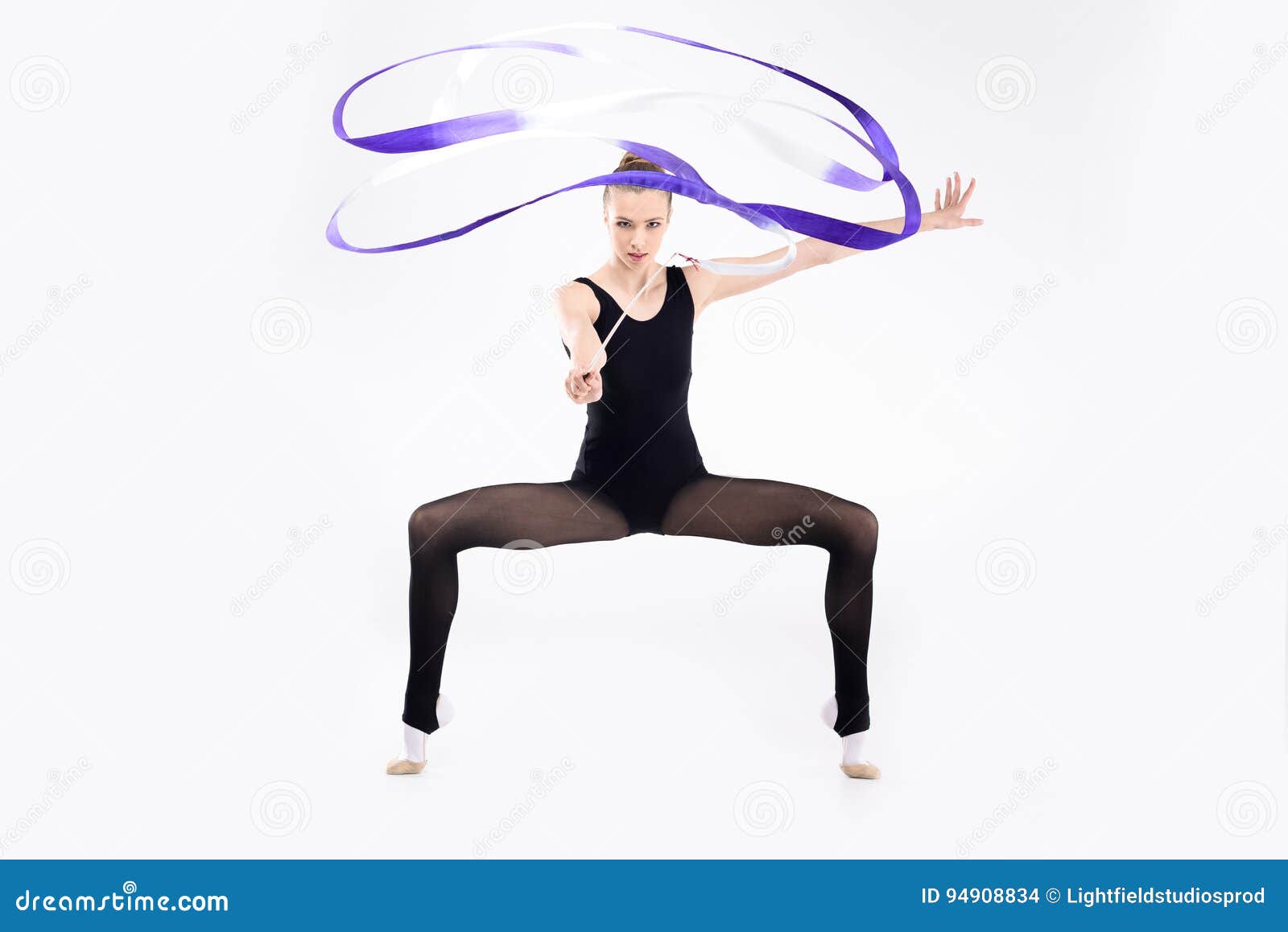 Young Rhythmic Gymnast Training with Blue Ribbon Stock Photo - Image of ...
