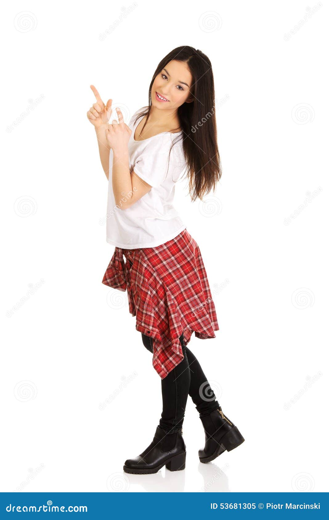 Young Rock Woman Pointing Up. Stock Image - Image of casual, promotion ...
