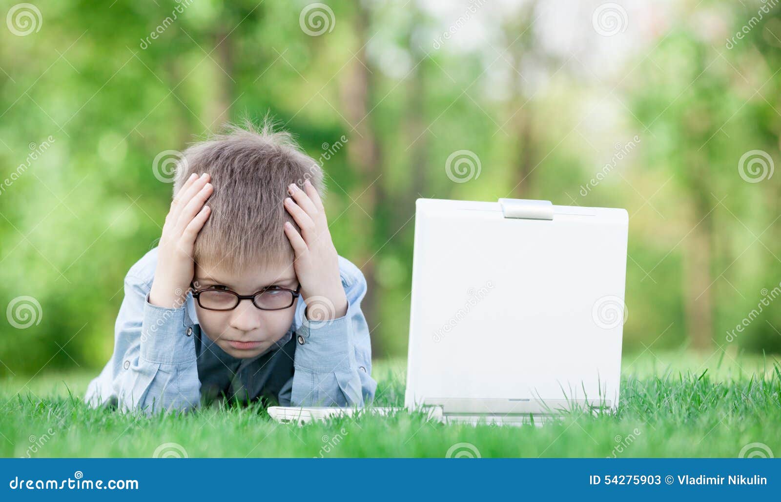 Young Sad Boy with Laptop Computer Stock Image - Image of green, life ...