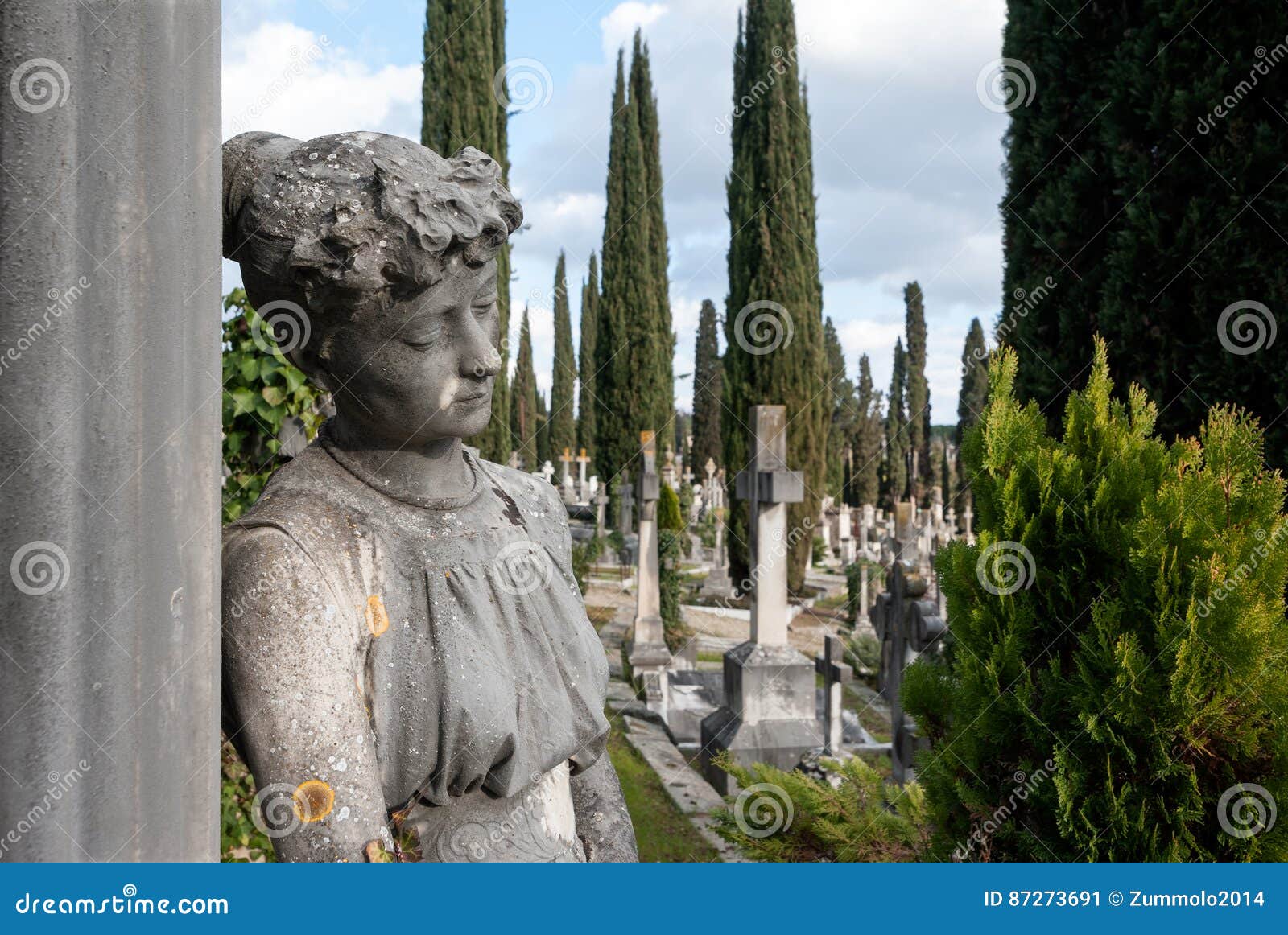 The Young Sad Grieving Woman Statue Leaning on the Column Stock Image ...