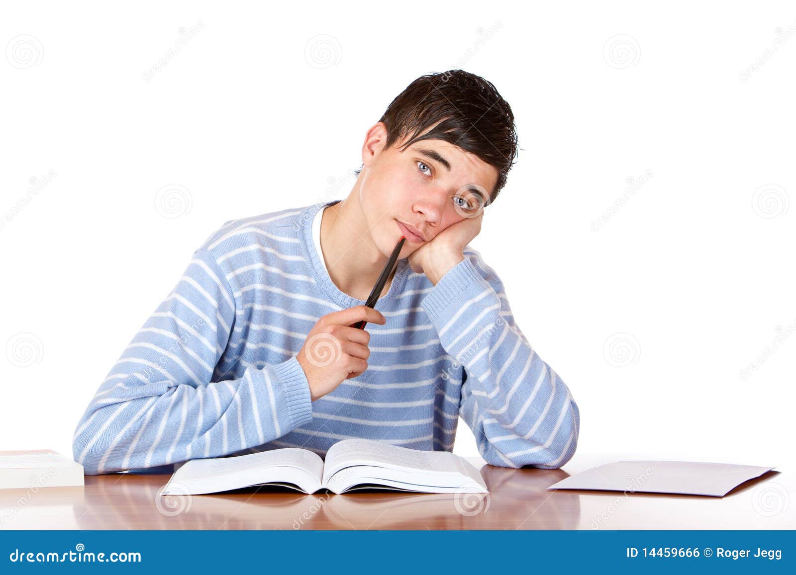 Young Sad Male Student Learns with Study Books Stock Photo - Image of ...