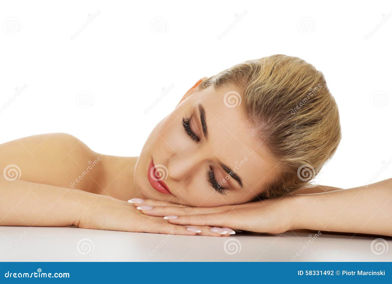 Young Sad Woman Based on Table. Stock Photo - Image of pleasure, body ...