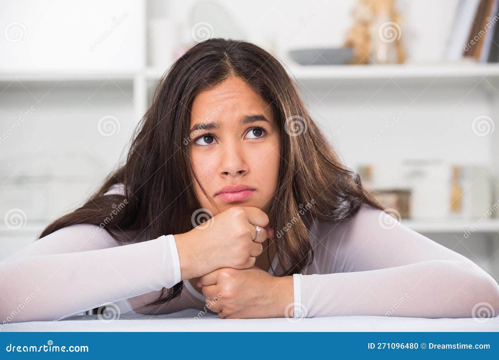 Young Sad Woman Sitting at the Table Stock Photo - Image of american ...