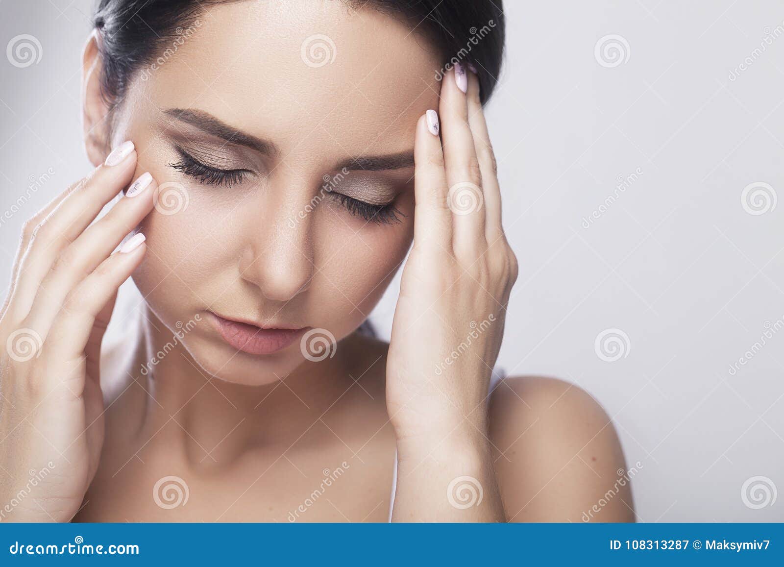 Young Sad Woman Touch Forehead and Feel Strong Head Ache Stock Image ...