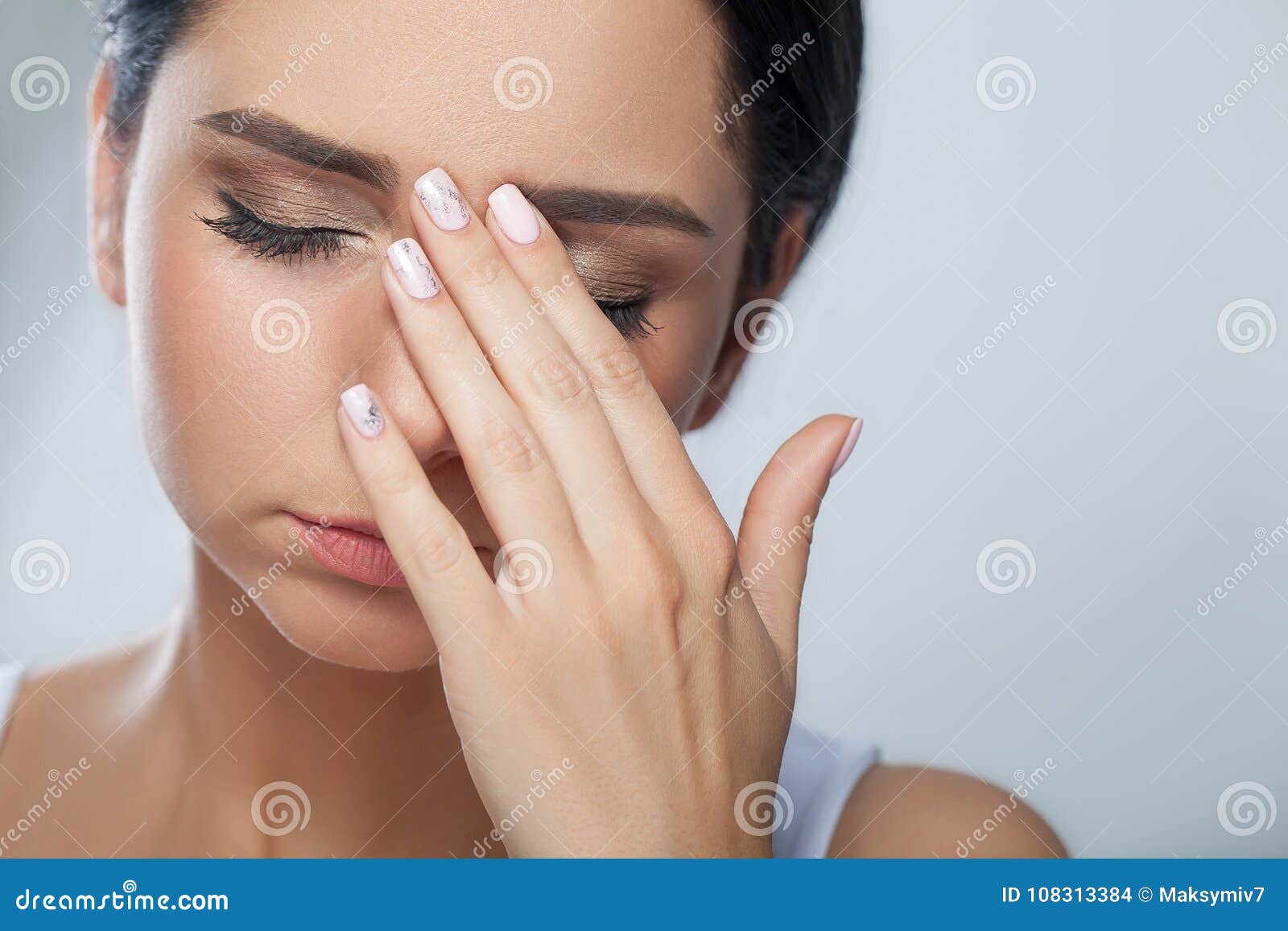 Young Sad Woman Touch Forehead and Feel Strong Head Ache Stock Photo ...