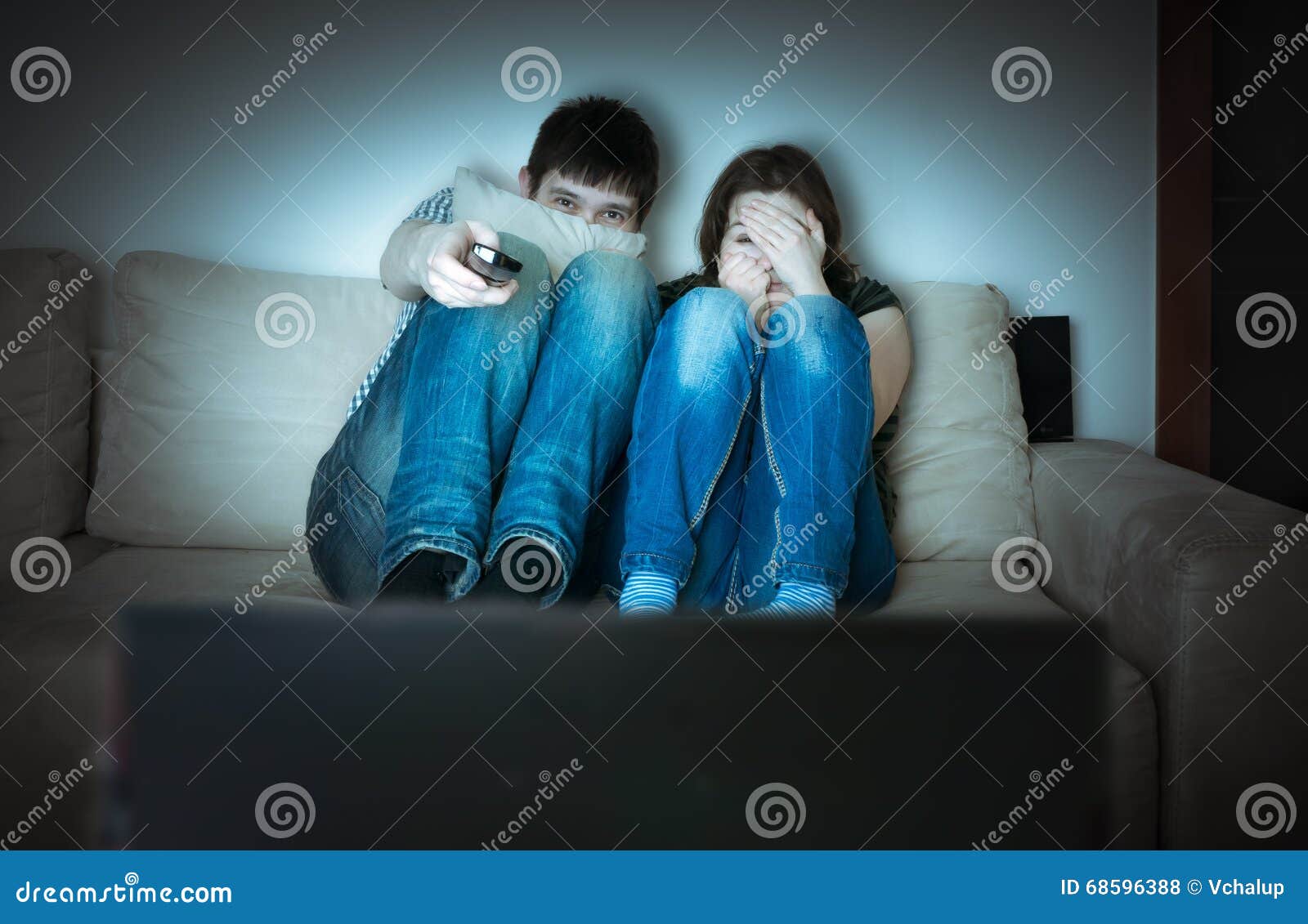 Young Scared Couple is Watching Horror on TV Stock Photo - Image of ...