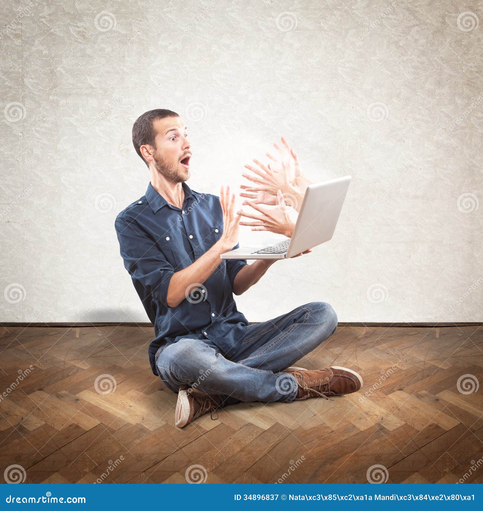 Young Scared Man Holding a Laptop Stock Image - Image of hands ...