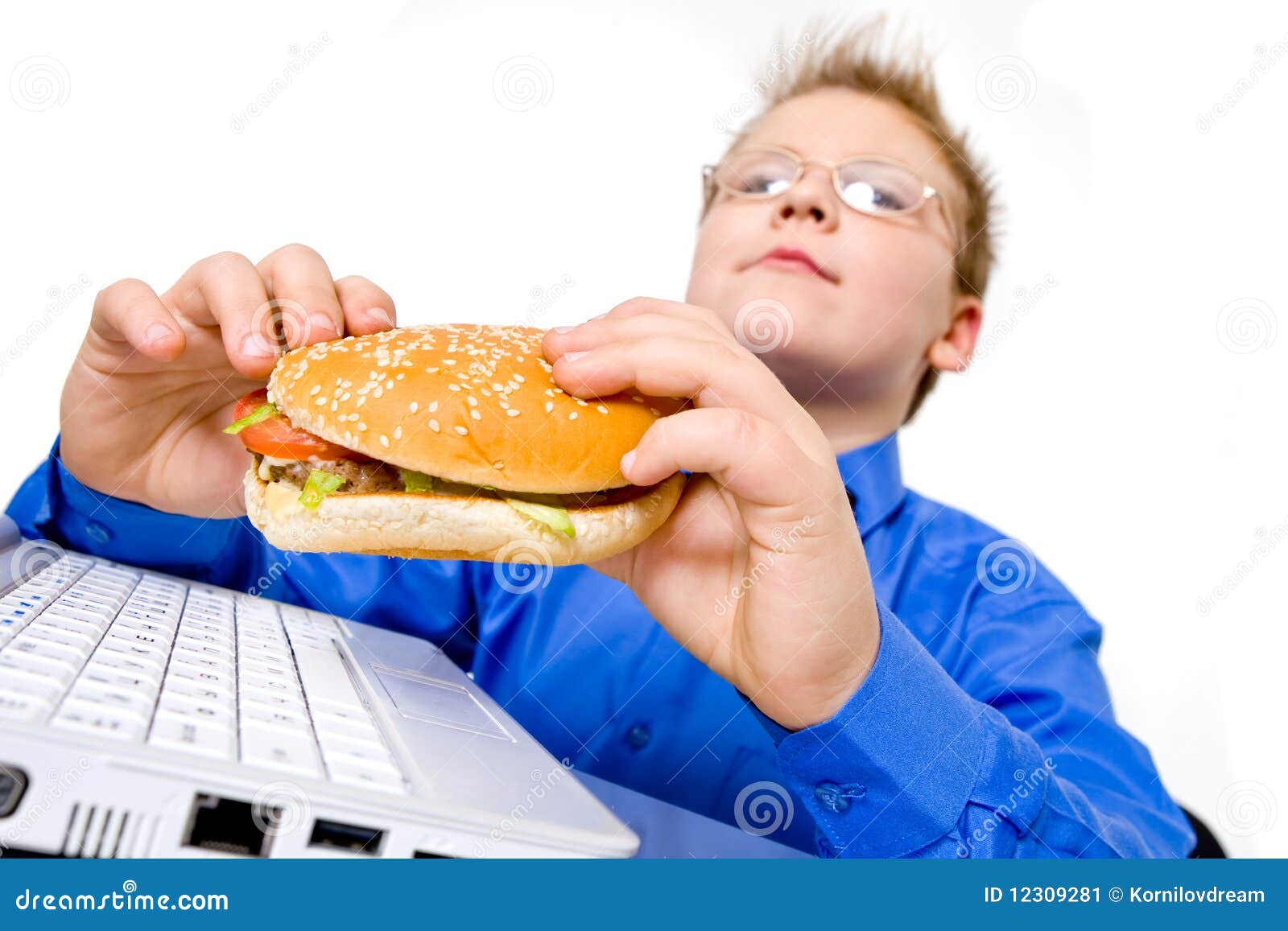 Young School Boy with Hamburger, Isolated Stock Image - Image of laptop ...
