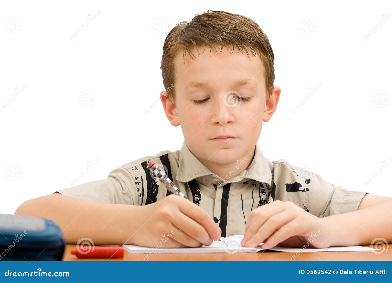 Young school boy writing stock photo. Image of hand, concentration ...