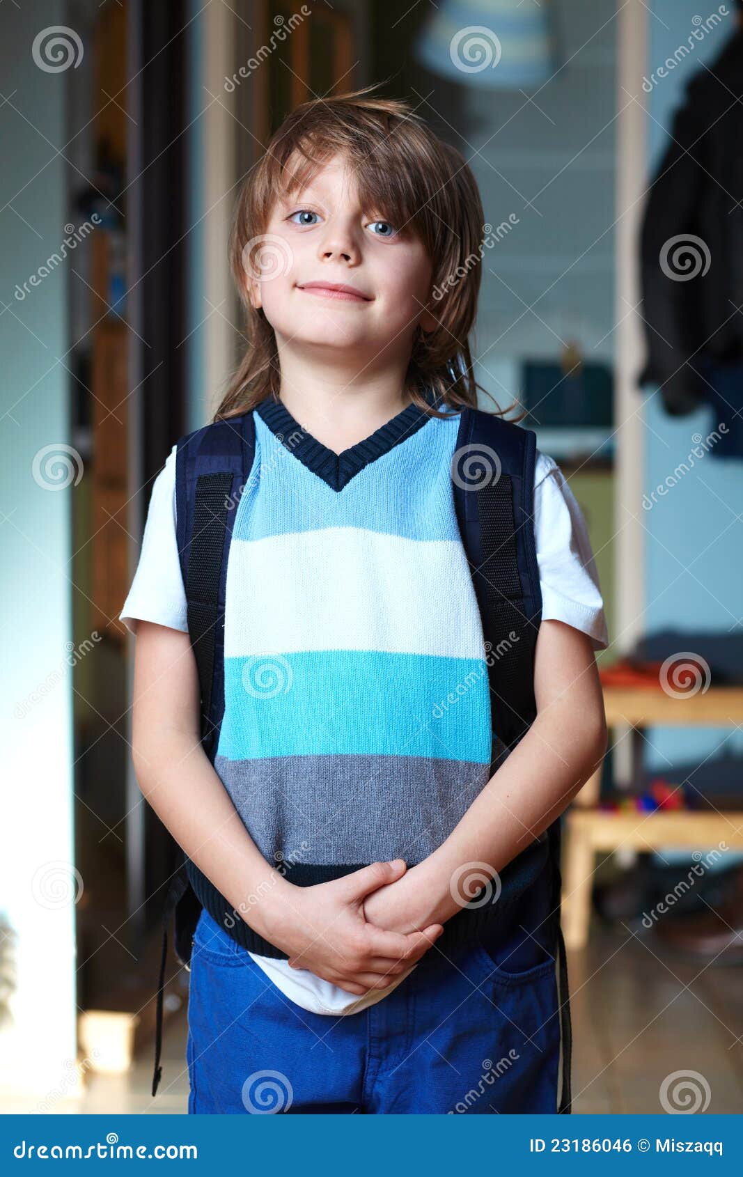 Young Schoolboy with His Backpack Stock Photo - Image of cheerful, blue ...