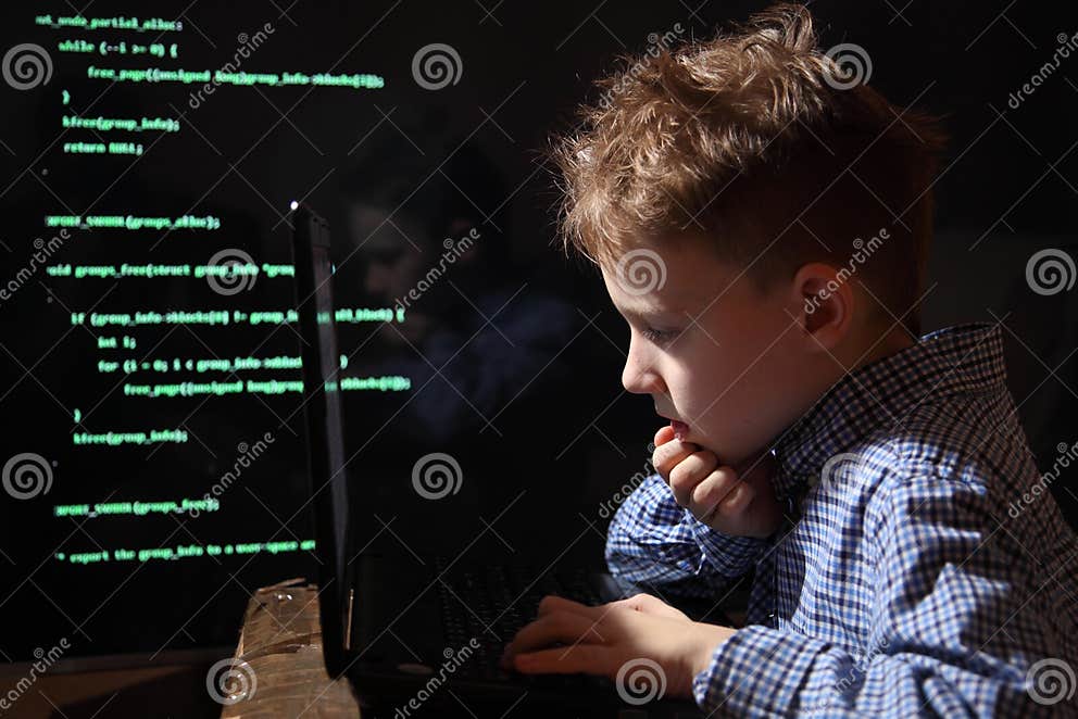 Young Schoolboy Prodigy - a Hacker. Hacker at Work. Stock Image - Image ...