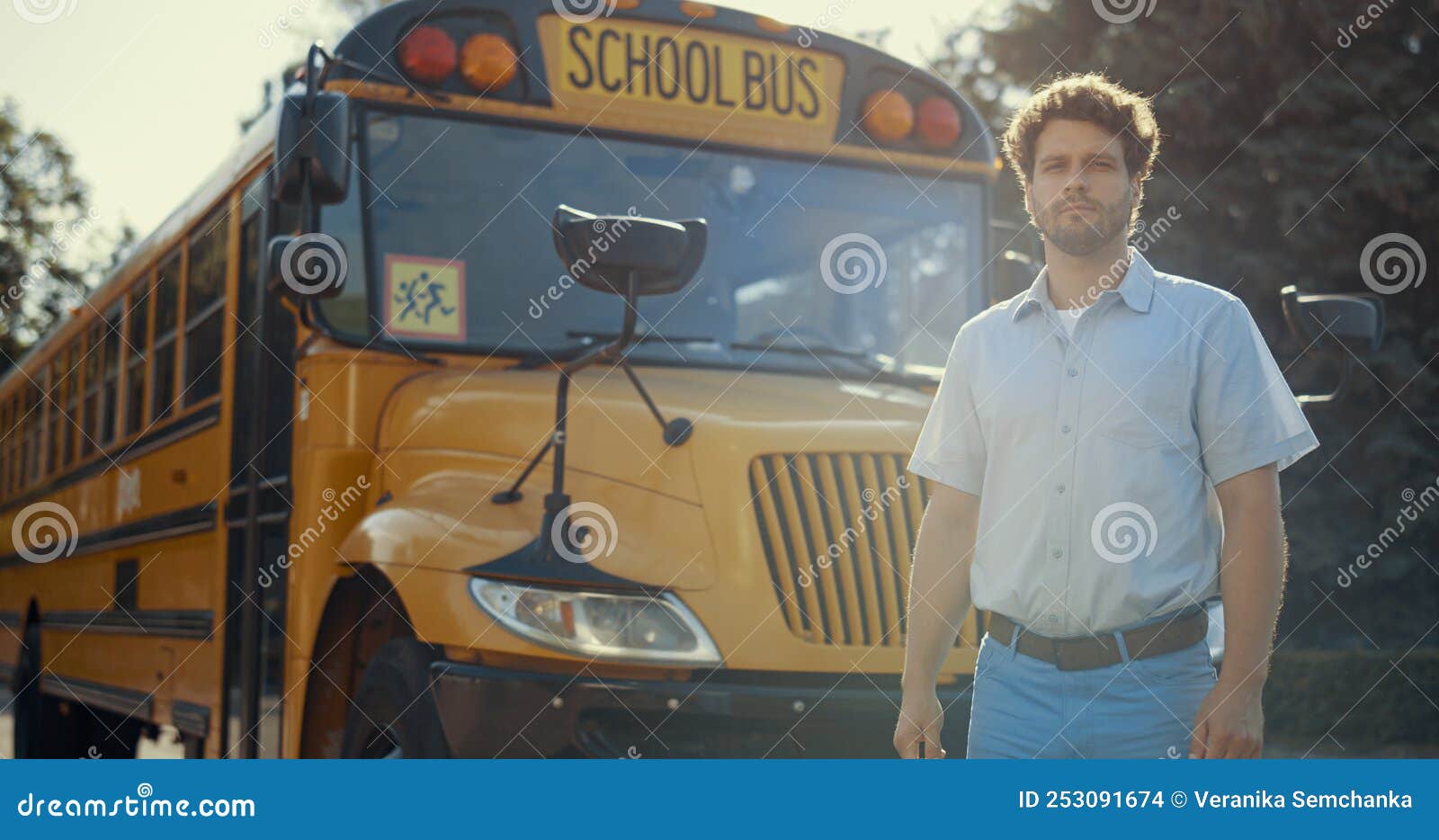 Young Schoolbus Driver Stand Near Academic Shuttle Alone. Chauffeur Man ...