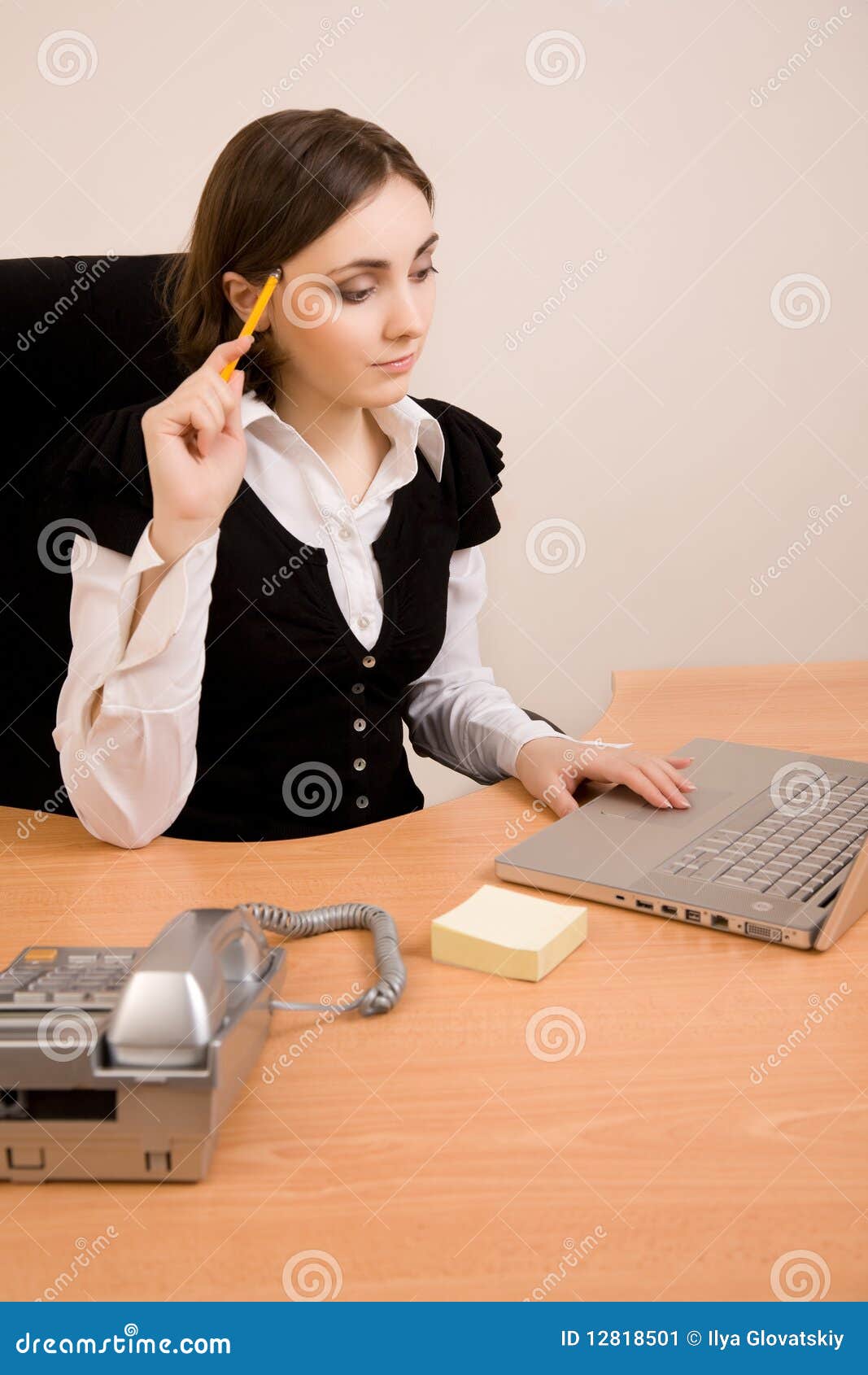 Young Secretary with Telephone and Pencil Stock Image - Image of postit ...