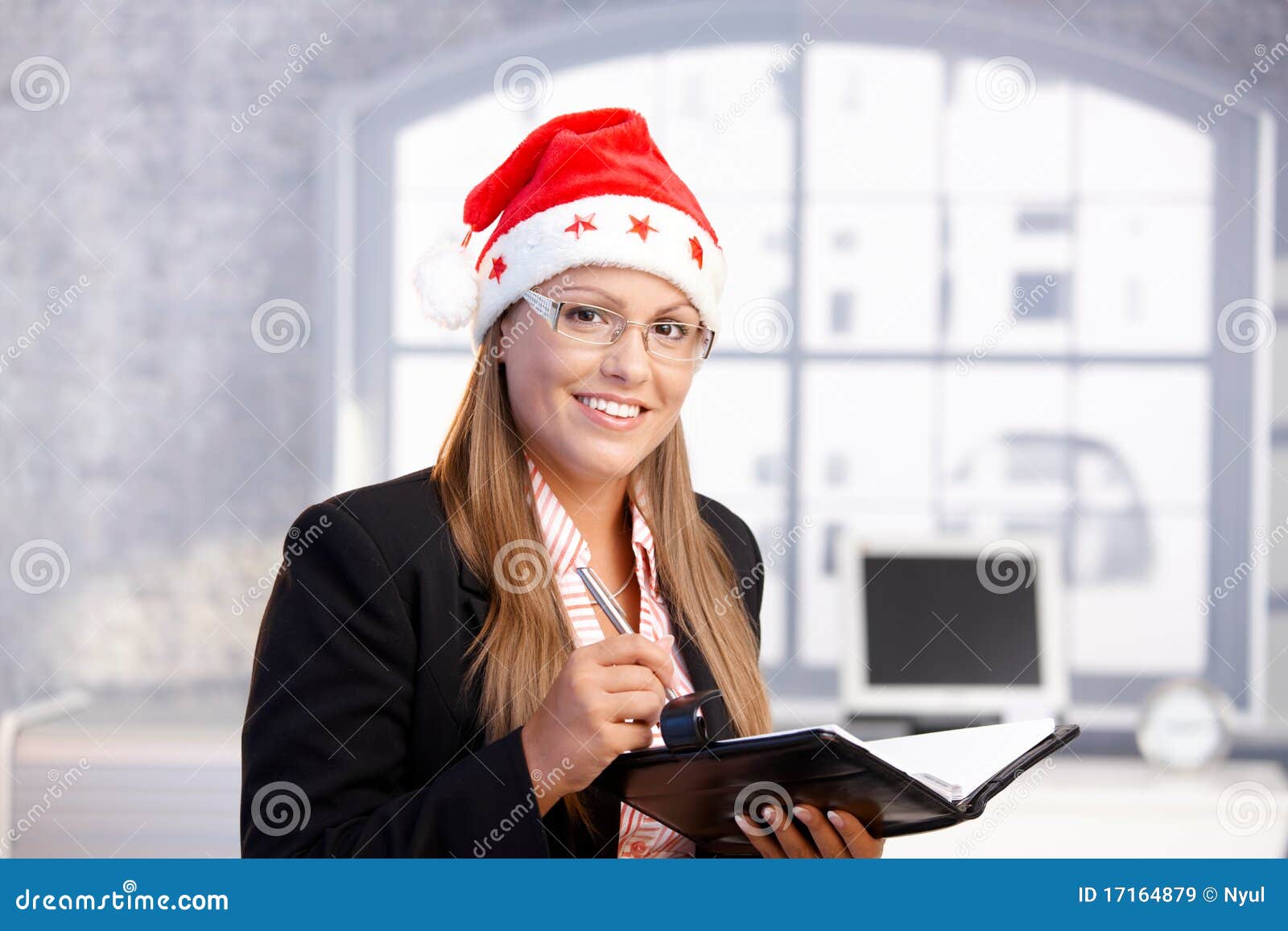 Young Secretary Wearing Santa Hat Smiling Stock Image - Image of camera ...