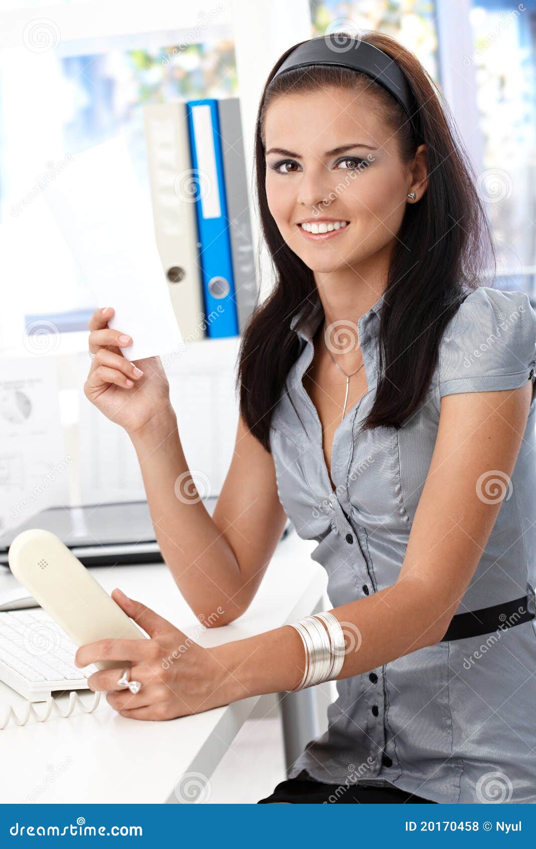 Young Secretary Working Smiling Stock Photo - Image of blouse, brunette ...