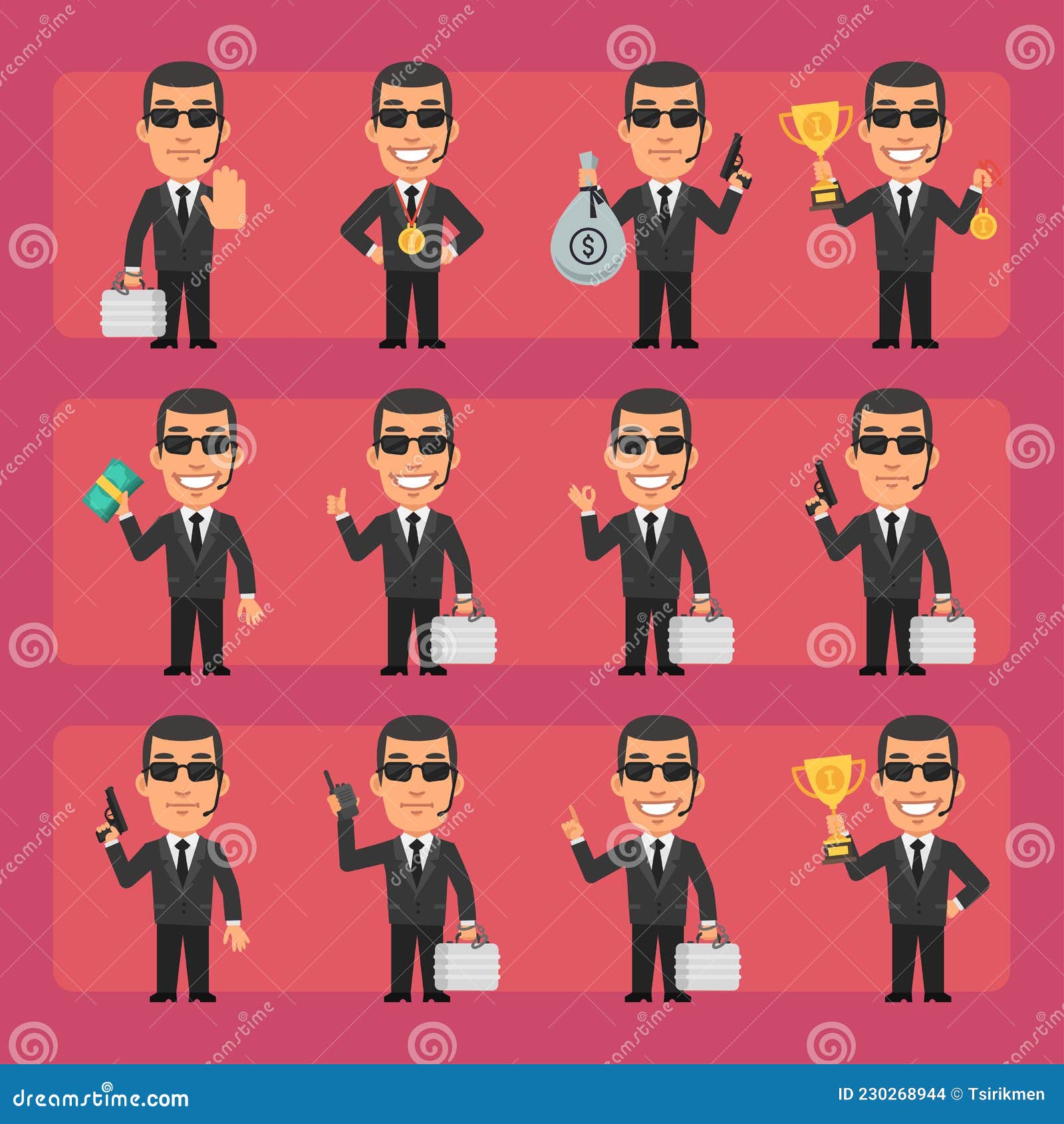 Young Security Guard In Black Suit In Different Poses And Emotions Pack ...