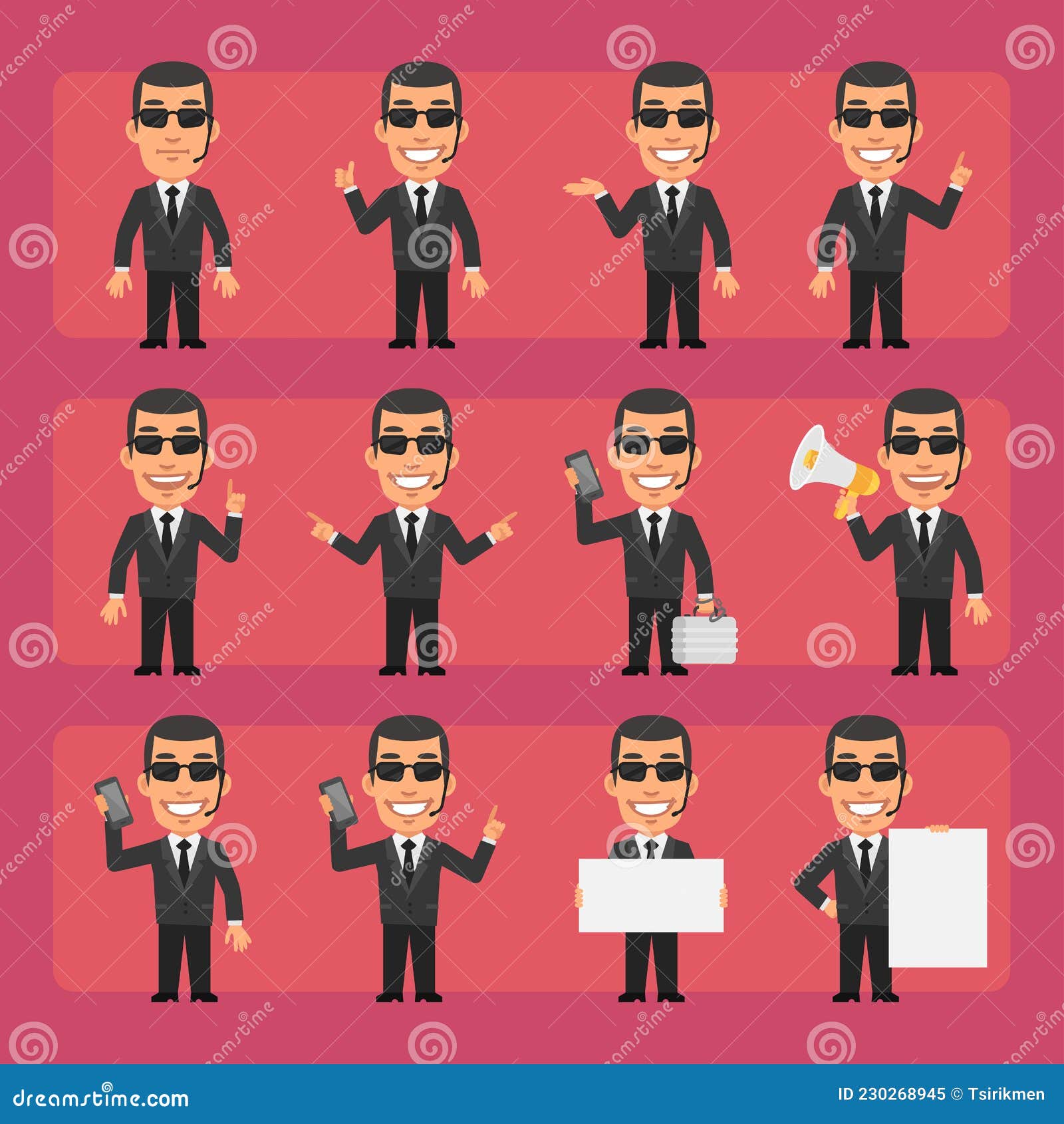 Young Security Guard in Black Suit in Different Poses and Emotions Pack ...